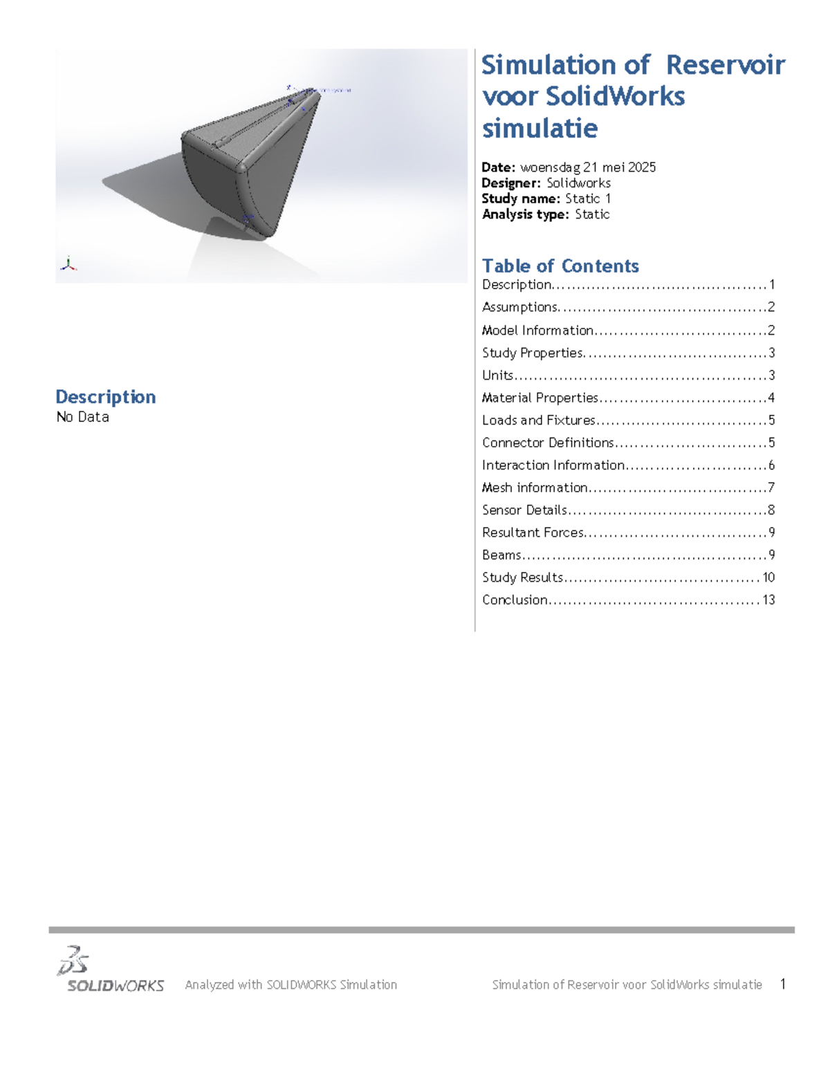 Reservoir Simulation Analysis - SolidWorks Static 1 Study - Studeersnel