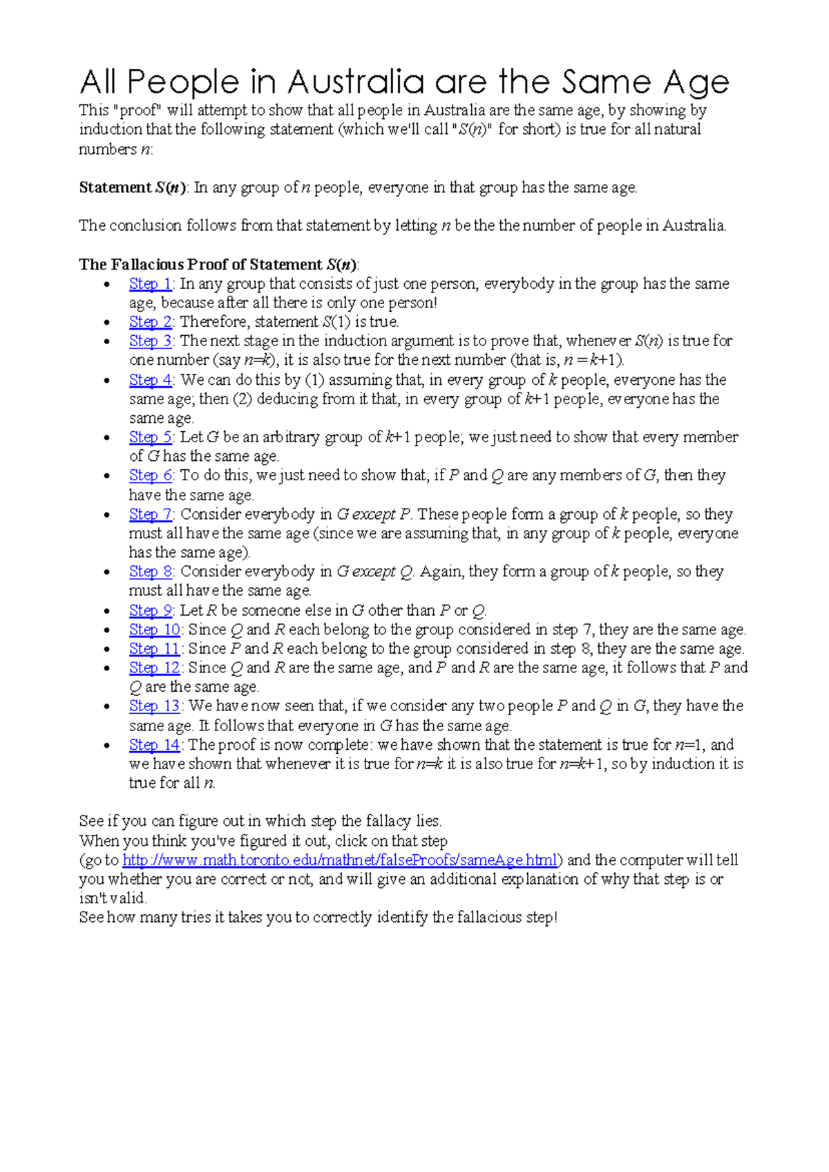 Mathematical Induction: Fallacy in "All Australians are Same Age" - Studocu