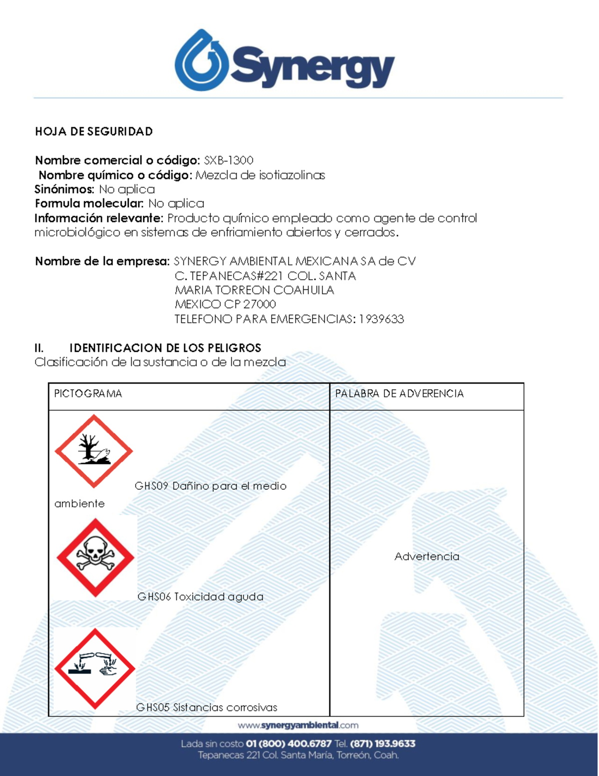Hoja de Seguridad: Mezcla de Isotiazolinas - SYNERGY AMBIENTAL - Studocu