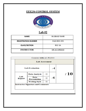 LAB Report 10 CS - EEE234 CONTROL SYSTEM Lab NAME M TAHIR REGISTRATION NUMBER FA22-BEE- 193 ...