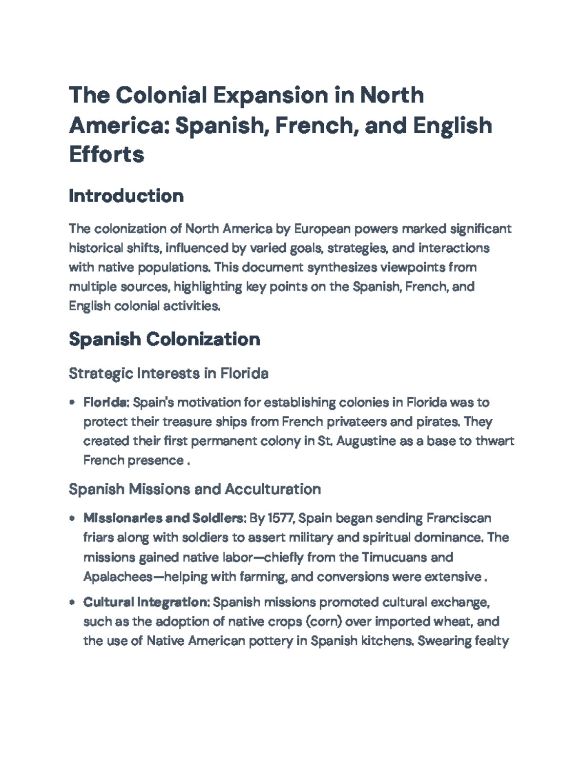 Colonial Expansion in North America: Spanish, French, and English ...
