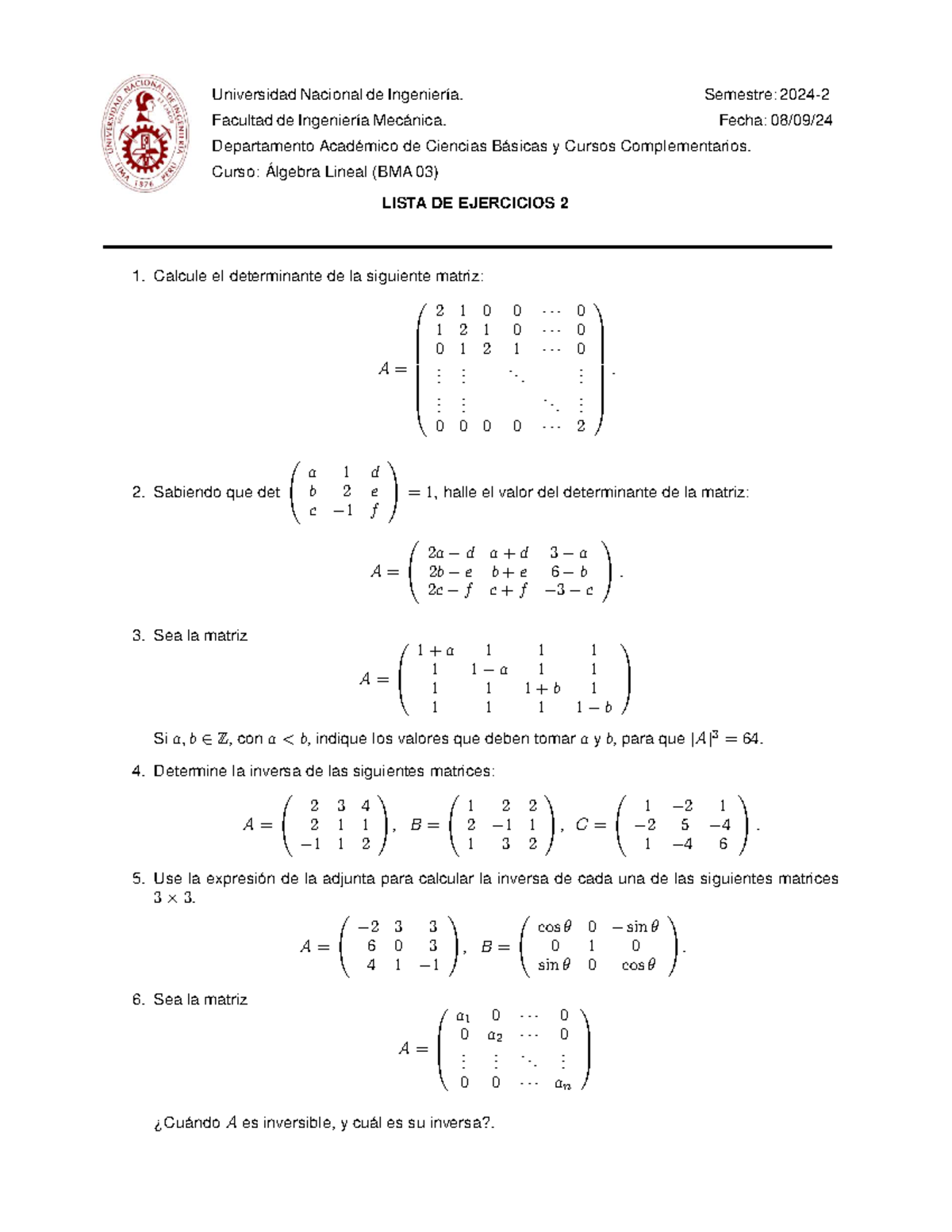 Lista de Ejercicios 2 - Álgebra Lineal (BMA 03) - Studocu