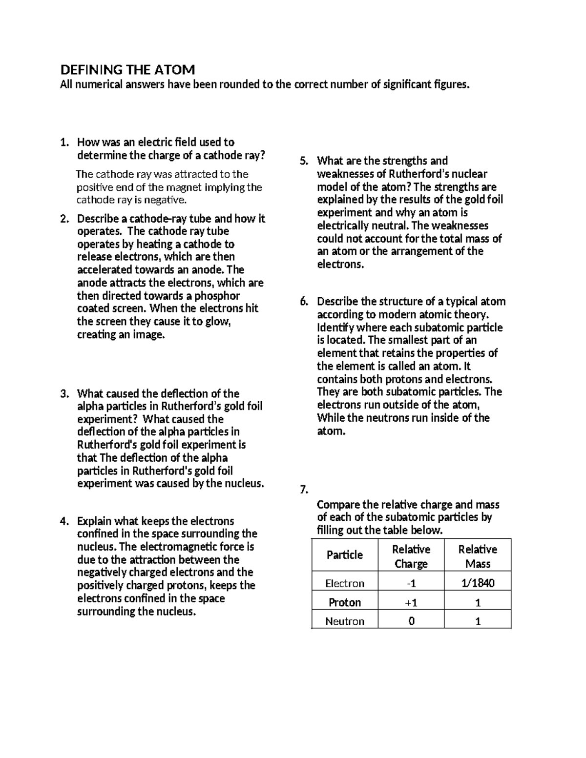 Copy of Define the atom Worksheet - DEFINING THE ATOM All numerical ...