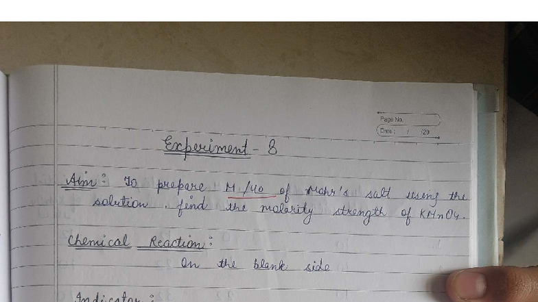 Class 12 Experiment 8: Molarity of KMnO4 Solution Preparation - Studocu