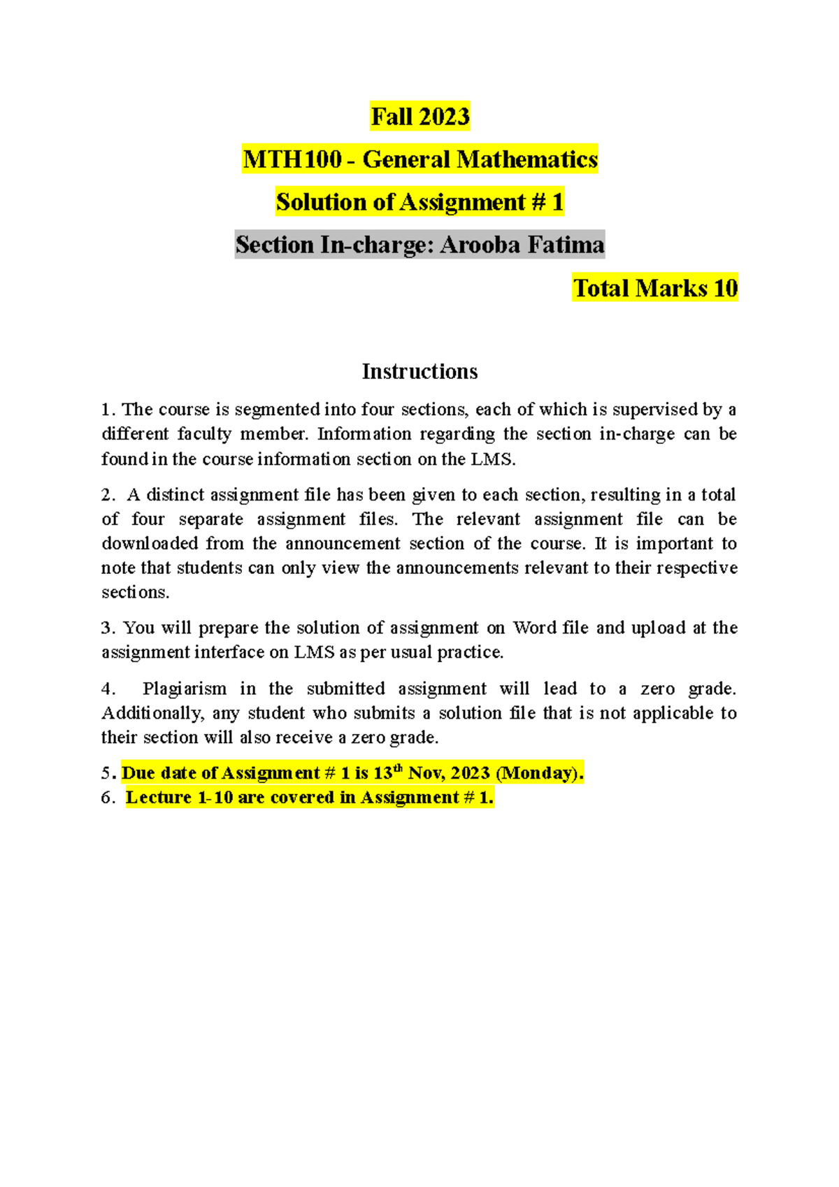 Solution Assignment 1 - MTH 100 asignment - Fall 2023 MTH100 - General Mathematics Solution of ...