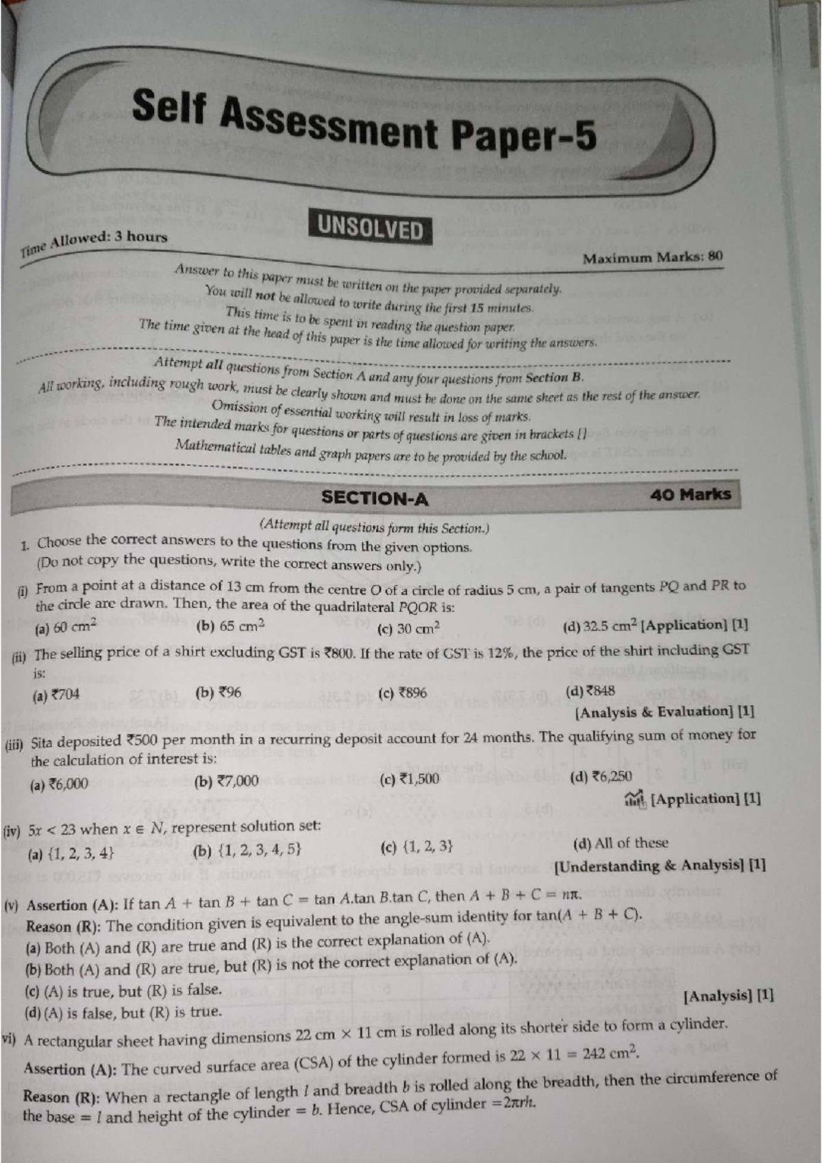 Maths Self Assessment - Unsolved Questions (3 Hours, 80 Marks) - Studocu
