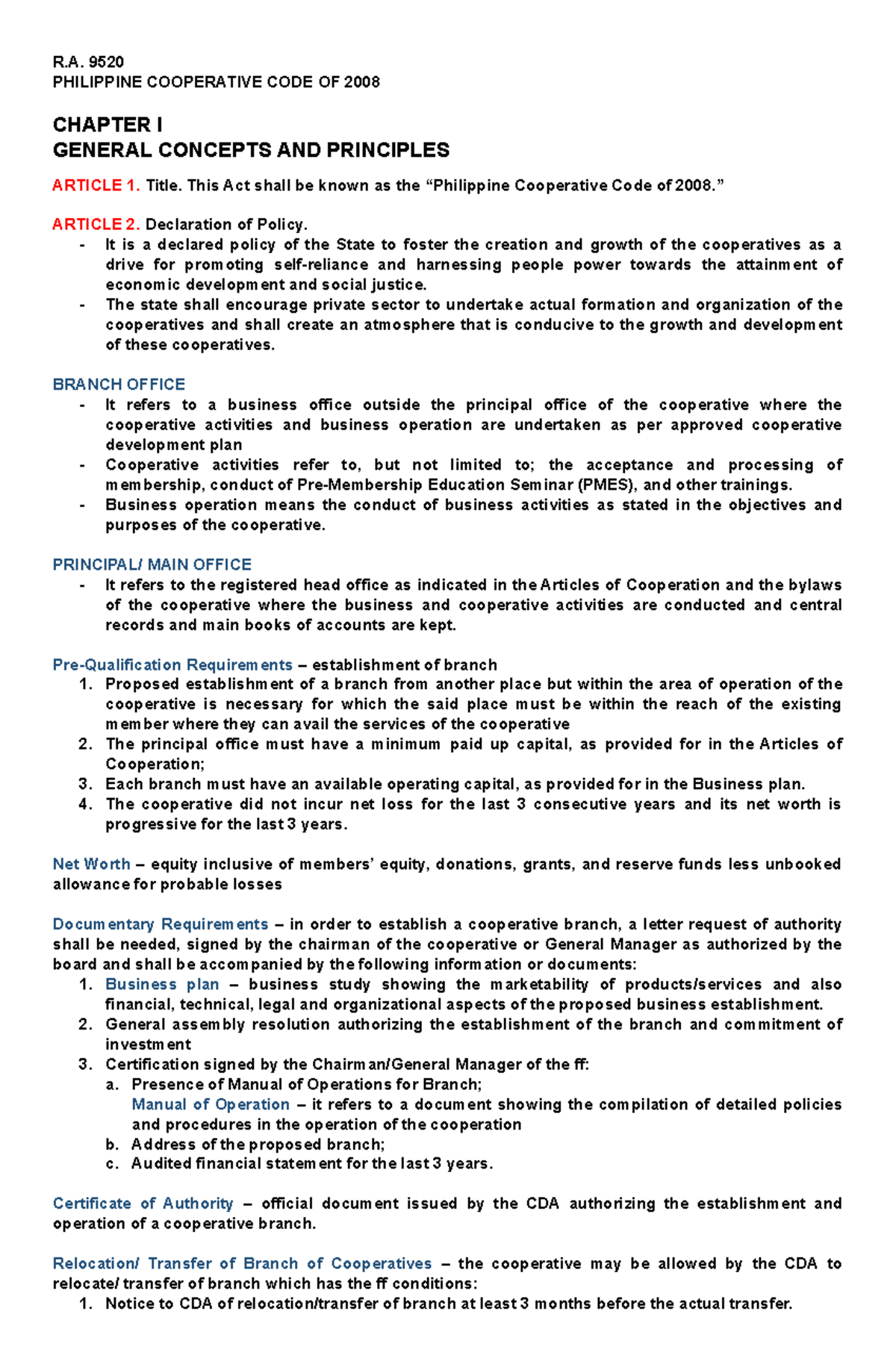 Philippine Cooprative CODE OF 2008 Chapter I-III - R. 9520 PHILIPPINE ...