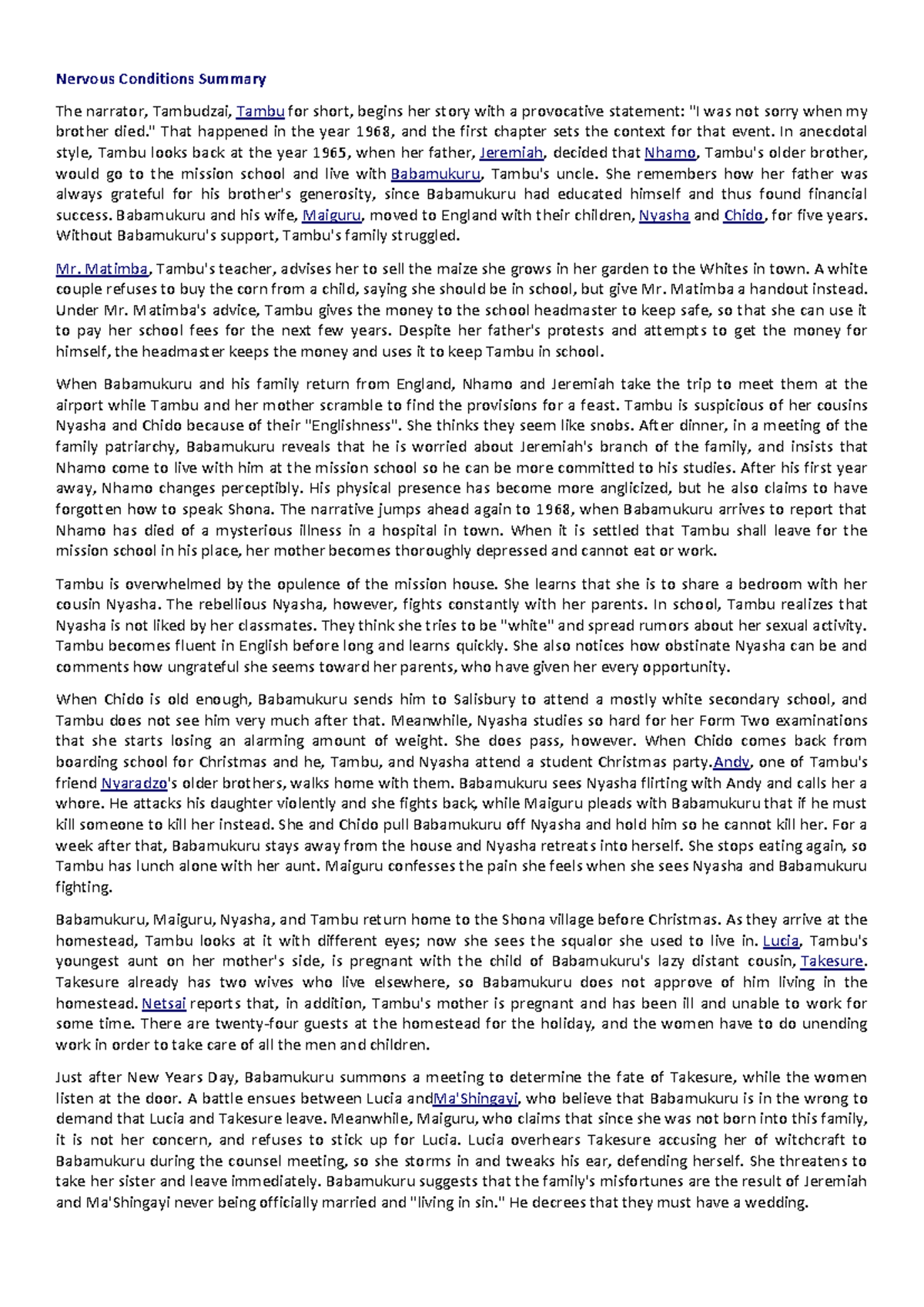 Nervous-Conditions-Summary - Nervous Conditions Summary The narrator ...