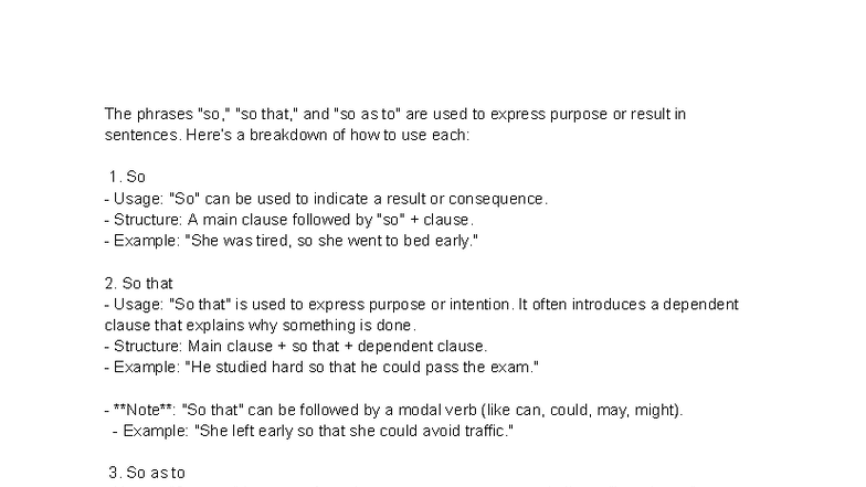 Understanding So, So That, and So As To: Usage Guide - Studocu