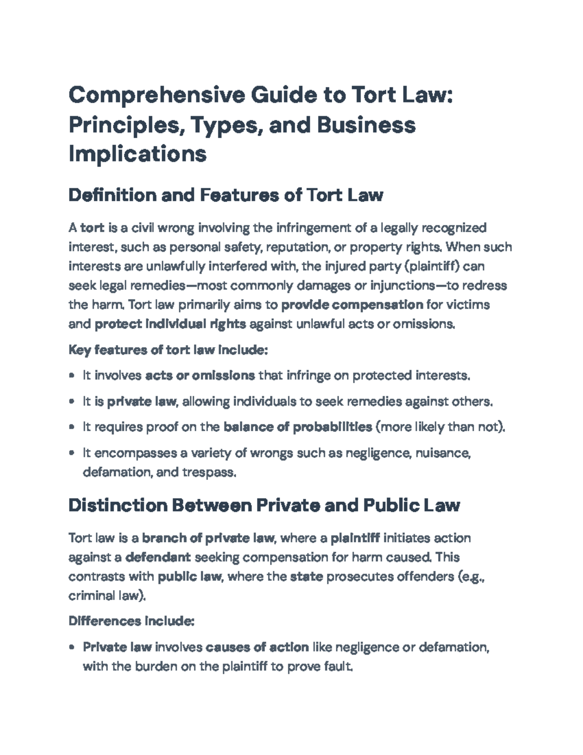 Comprehensive Overview of Tort Law (LAW101): Negligence ...