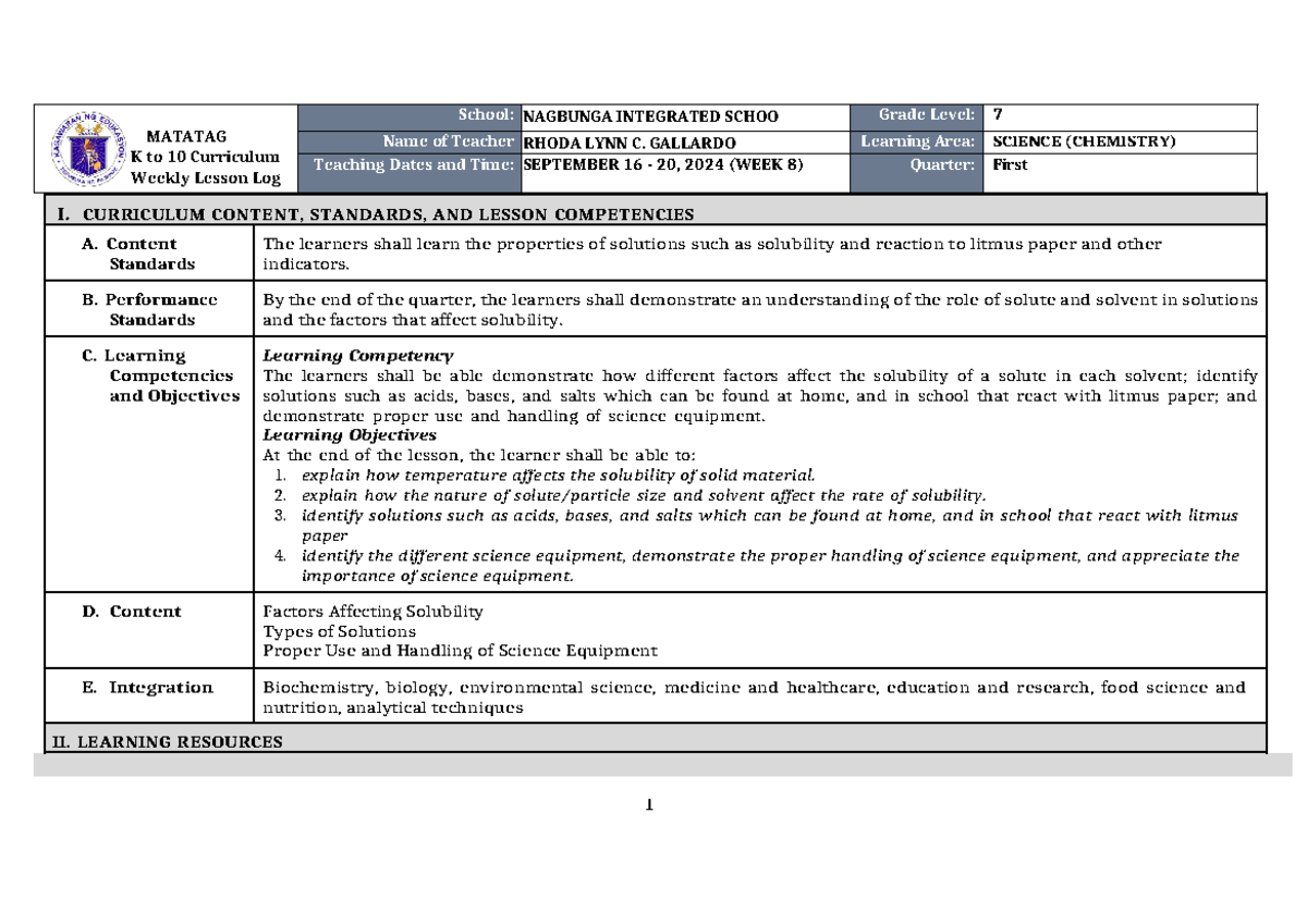 **DLL Matatag Science 7 Q1 Week 8 Lesson Plan on Solubility** - Studocu
