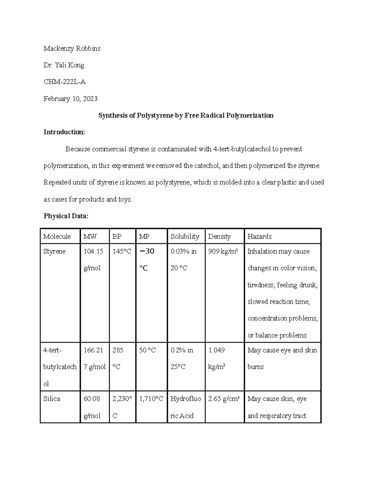 CHM-222L Lab Report 3: Synthesis of Polystyrene via Polymerization ...