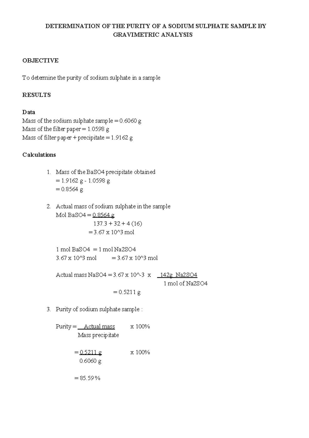 DETERMINATION OF THE PURITY OF A SODIUM SULPHATE SAMPLE BY GRAVIMETRIC ...