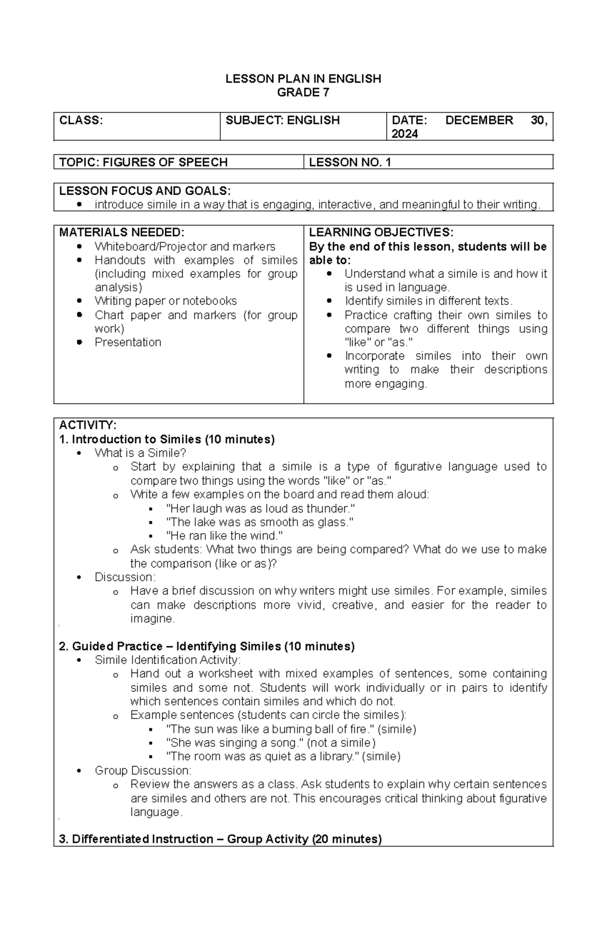 Simile Lesson for - LESSON PLAN IN ENGLISH GRADE 7 CLASS: SUBJECT ...