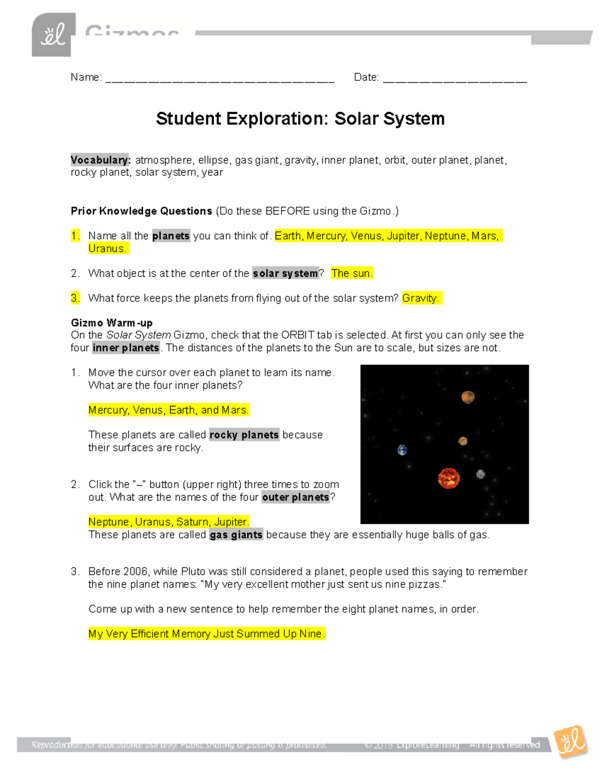 Solar System Worksheet Answers