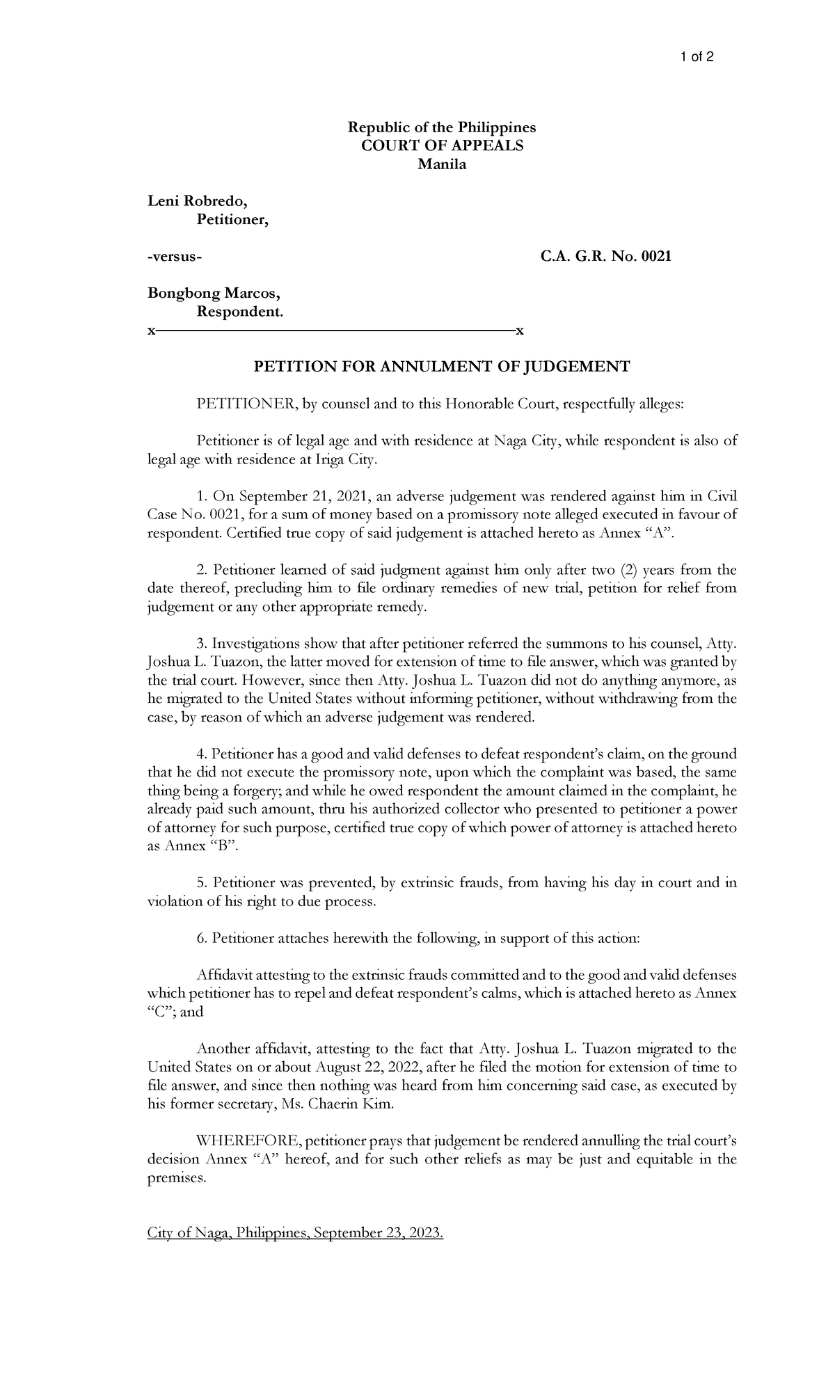 Petition for Annulment of Judgement - 1 of 2 Republic of the ...