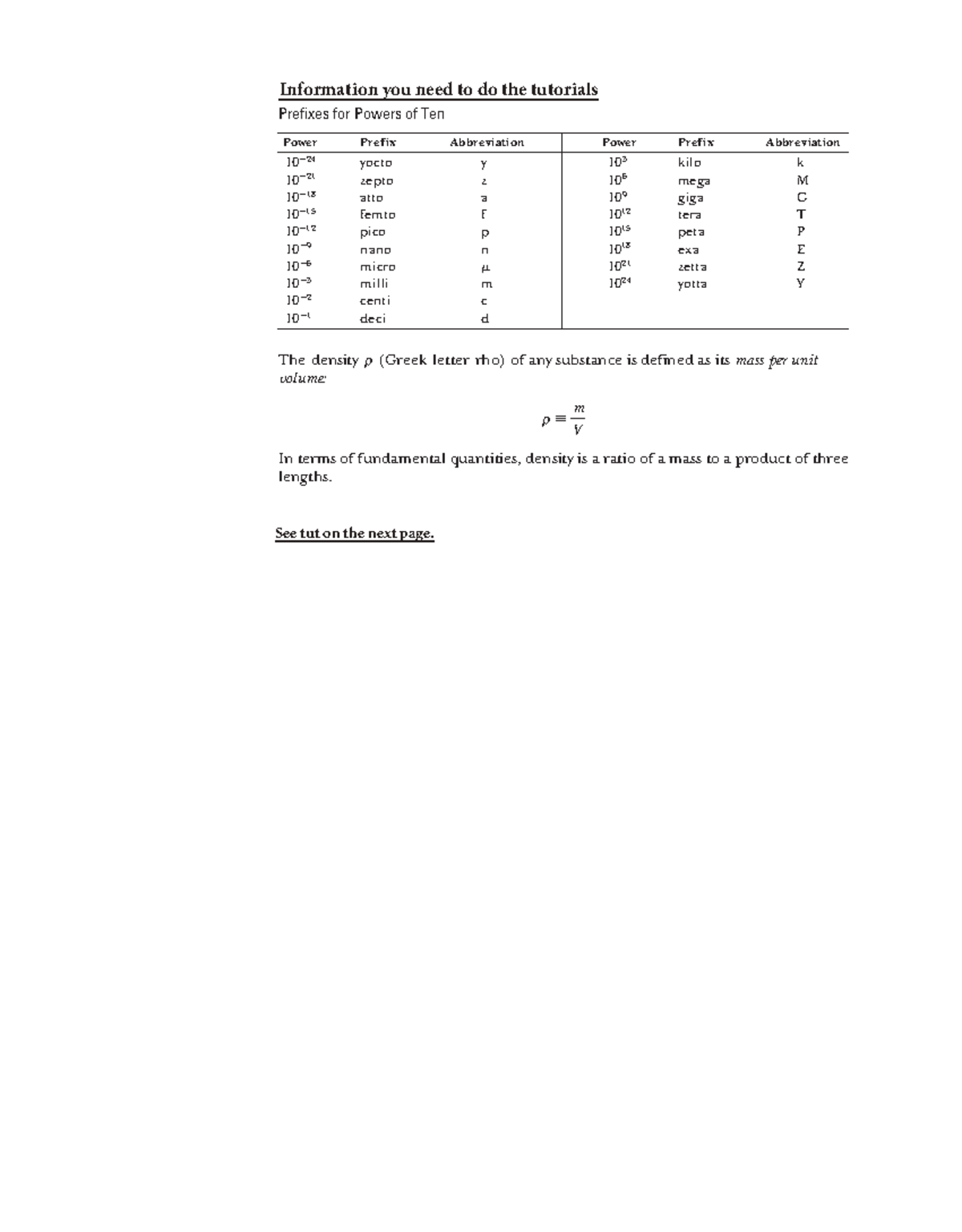 CH 1 Tut - QUESTIONS - The density r (Greek letter rho) of any ...