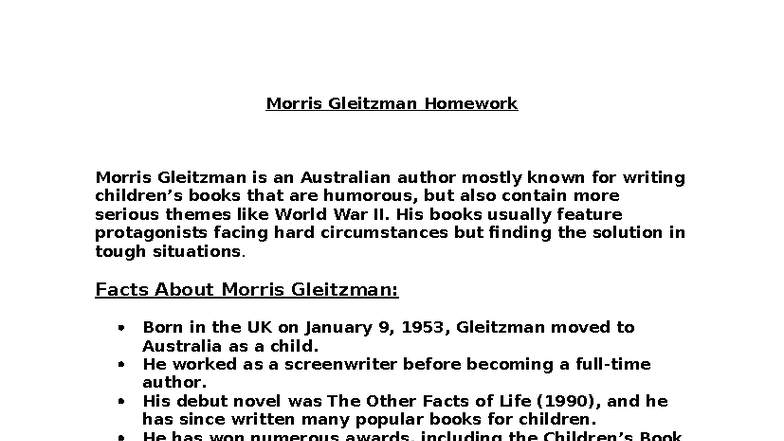 English Homework: Insights on Morris Gleitzman and His Works - Studocu