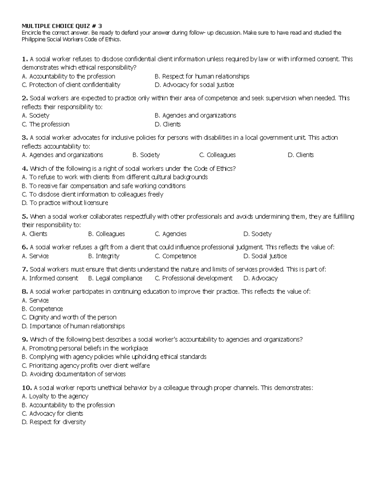 MULTIPLE CHOICE QUIZ 3 - Philippine Social Workers Code of Ethics - Studocu