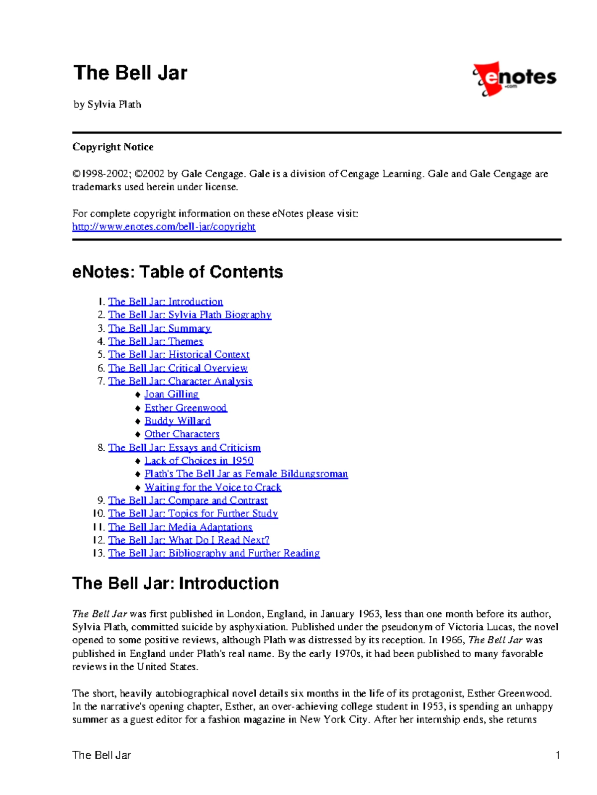 Literary Analysis of The Bell Jar (ENG 101: Final Project) - Studocu