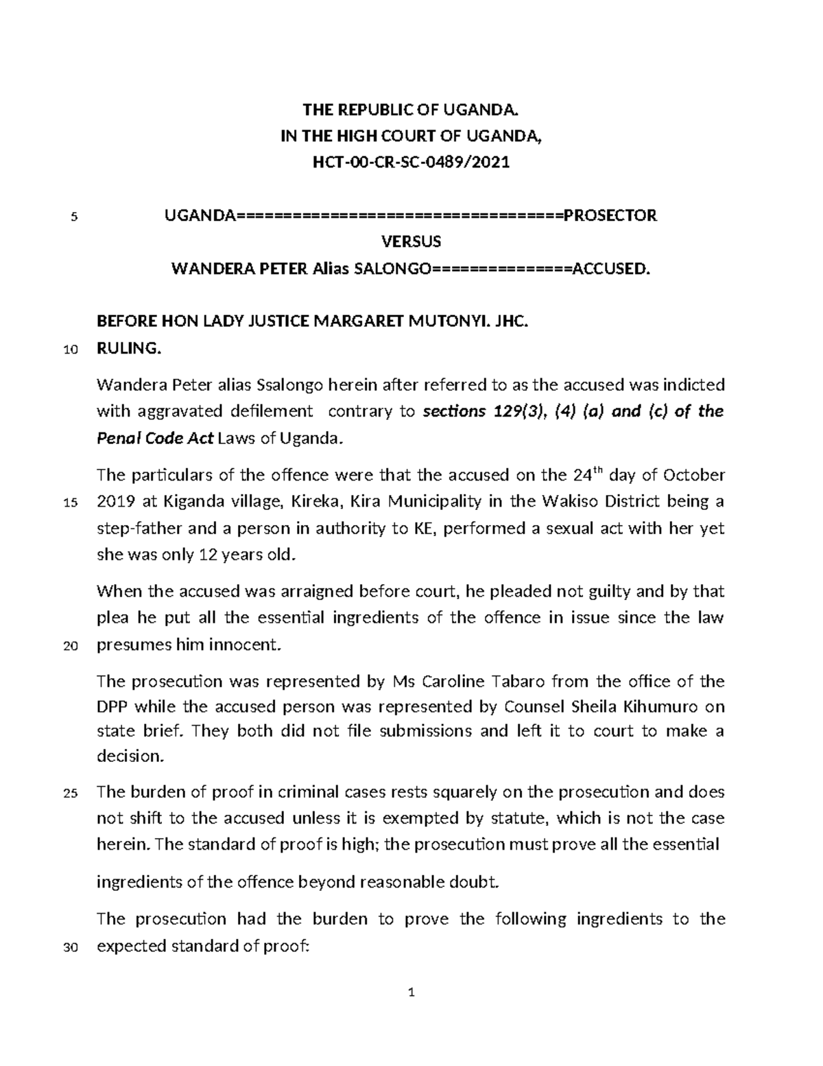 Uganda v Wandera (HCT-00-CR-SC-0489) Ruling on Aggravated Defilement ...