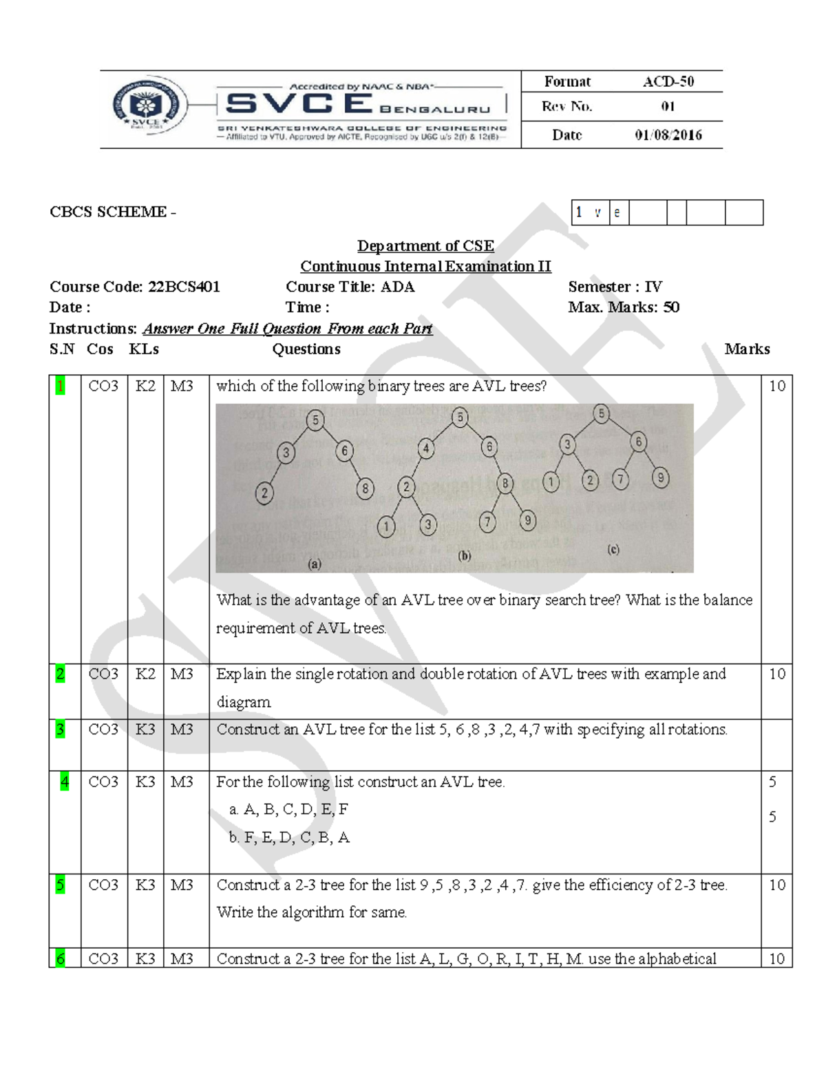 ADA Quiz Questions - CBCS 22BCS401 Continuous Internal Exam II - Studocu