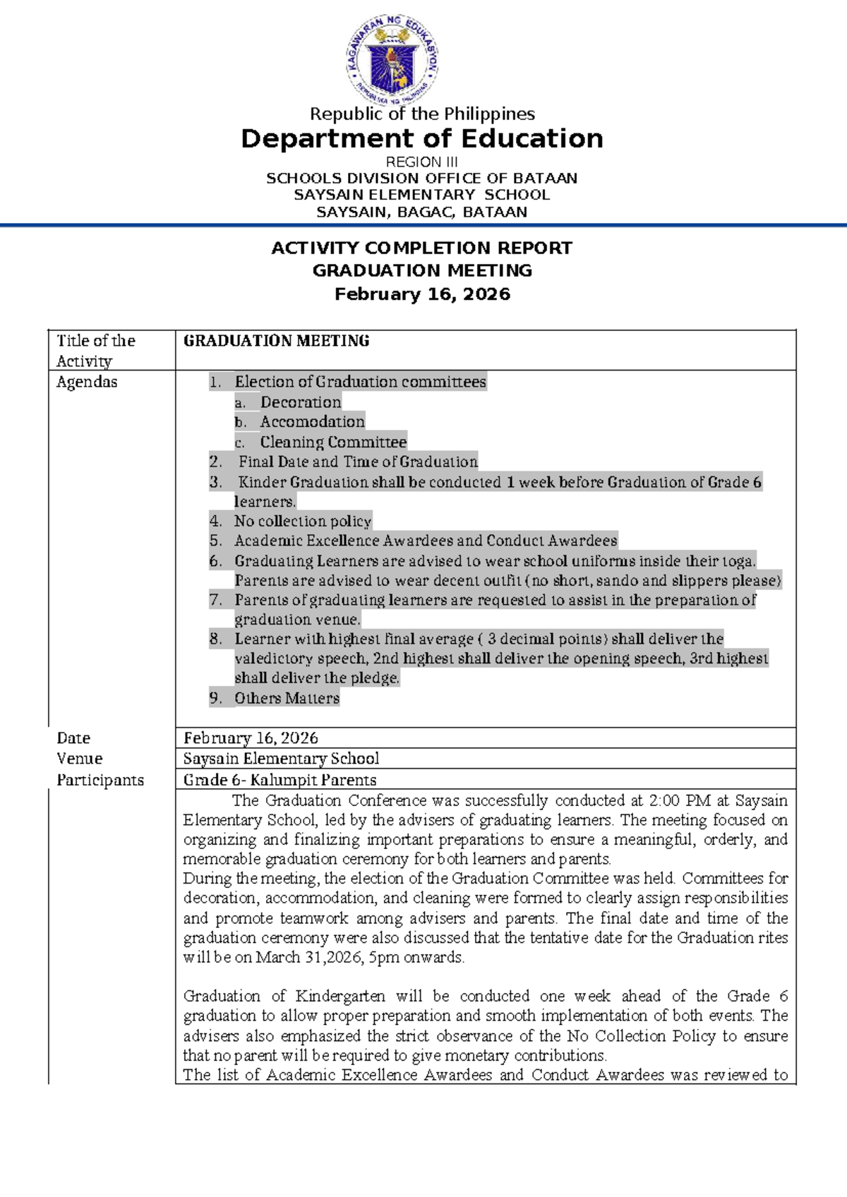 ACR - Graduation Meeting Report for Saysain Elementary School - Studocu