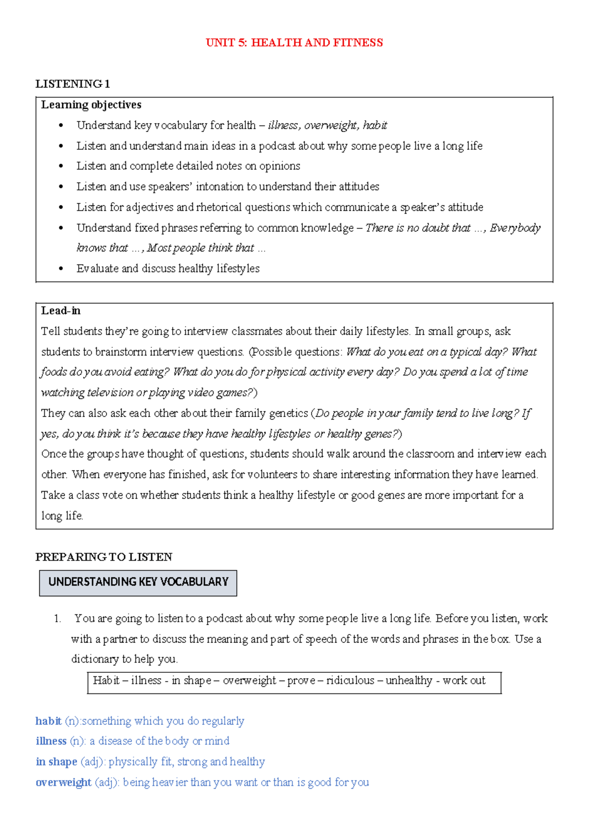 TB Diamond Listening Lesson 5: Health and Fitness Insights - Studocu