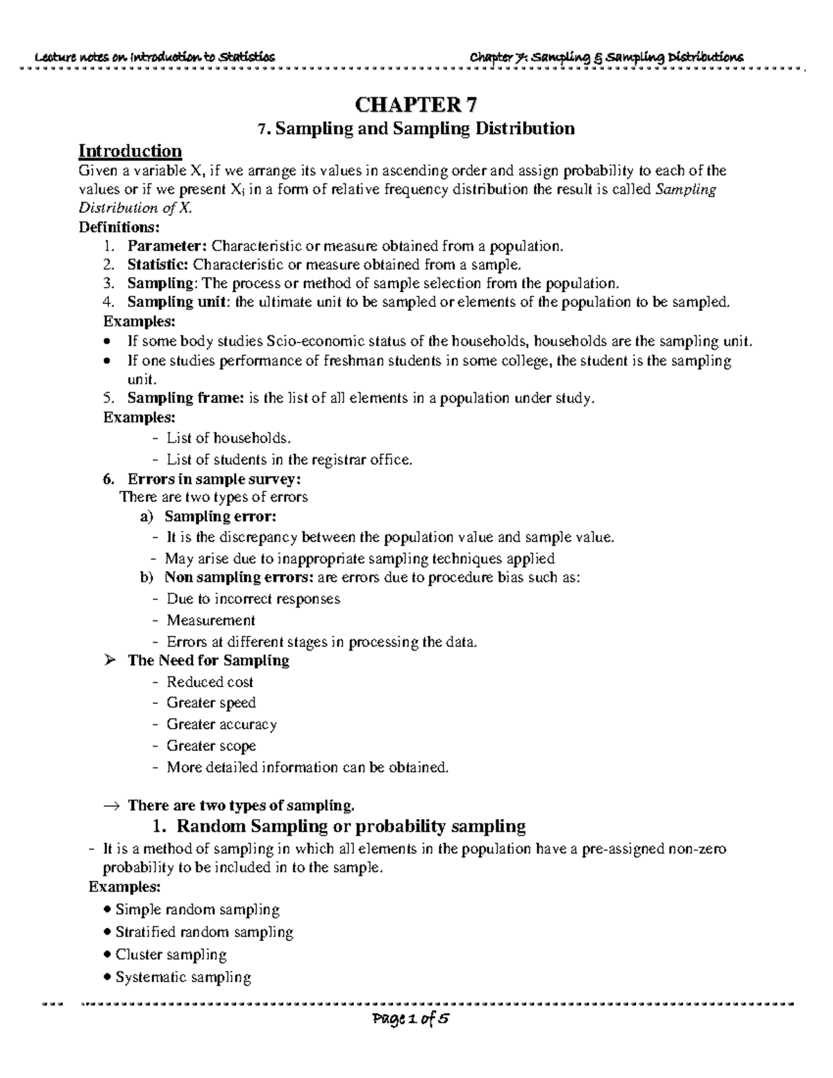 Lecture Notes: Introduction to Statistics (Chapter 7) - Sampling ...
