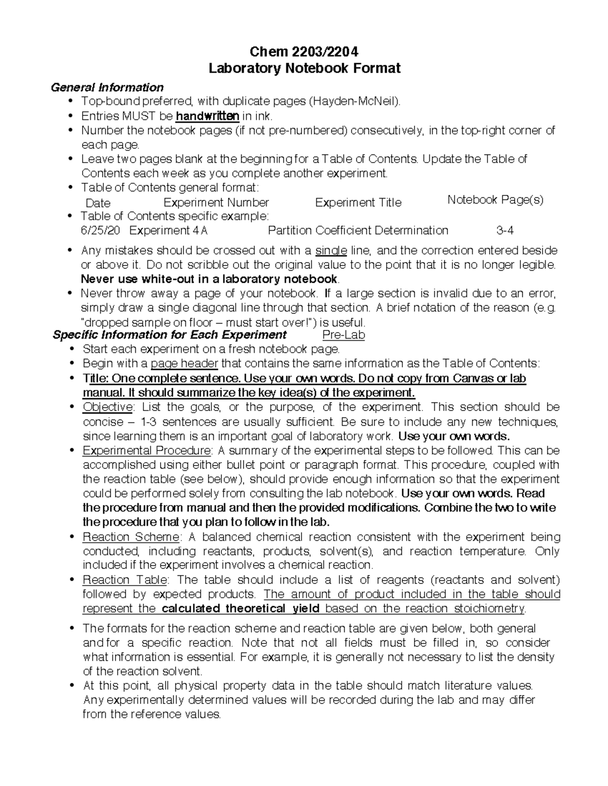 Chem 2203 Lab Notebook Format Guidelines and Pre-Lab Procedures - Studocu