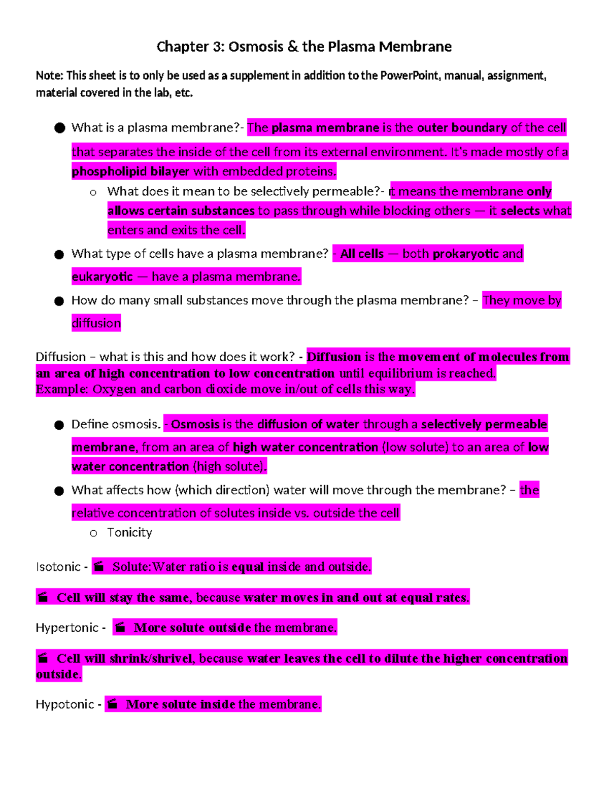 Chapter 3: Osmosis and the Plasma Membrane Overview Notes - Studocu