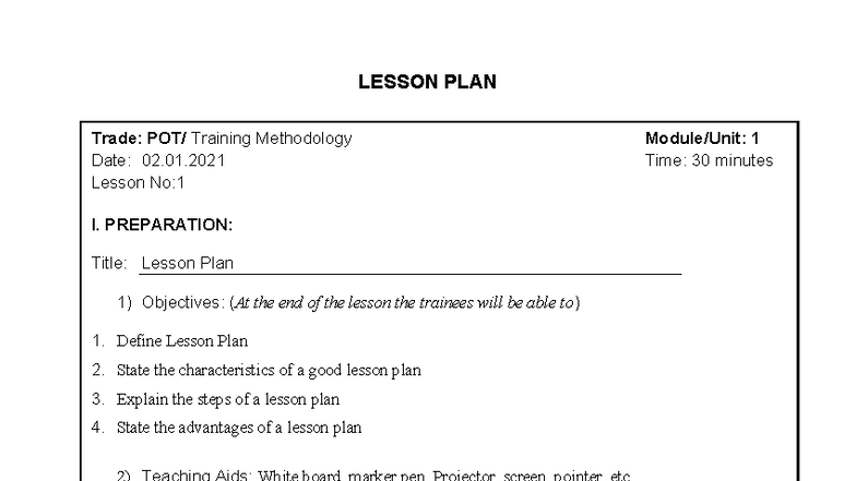 POT 101: Lesson Plan 1 - Training Methodology Overview - Studocu
