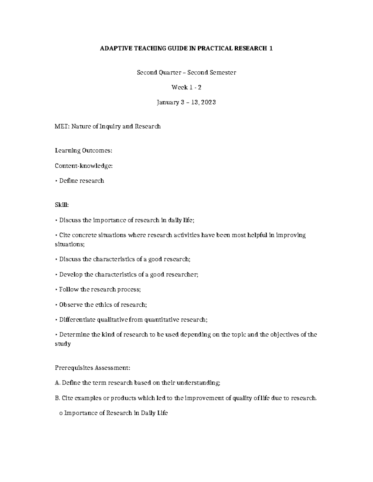Adaptive Teaching Guide for Practical Research 1: Week 1 Overview - Studocu
