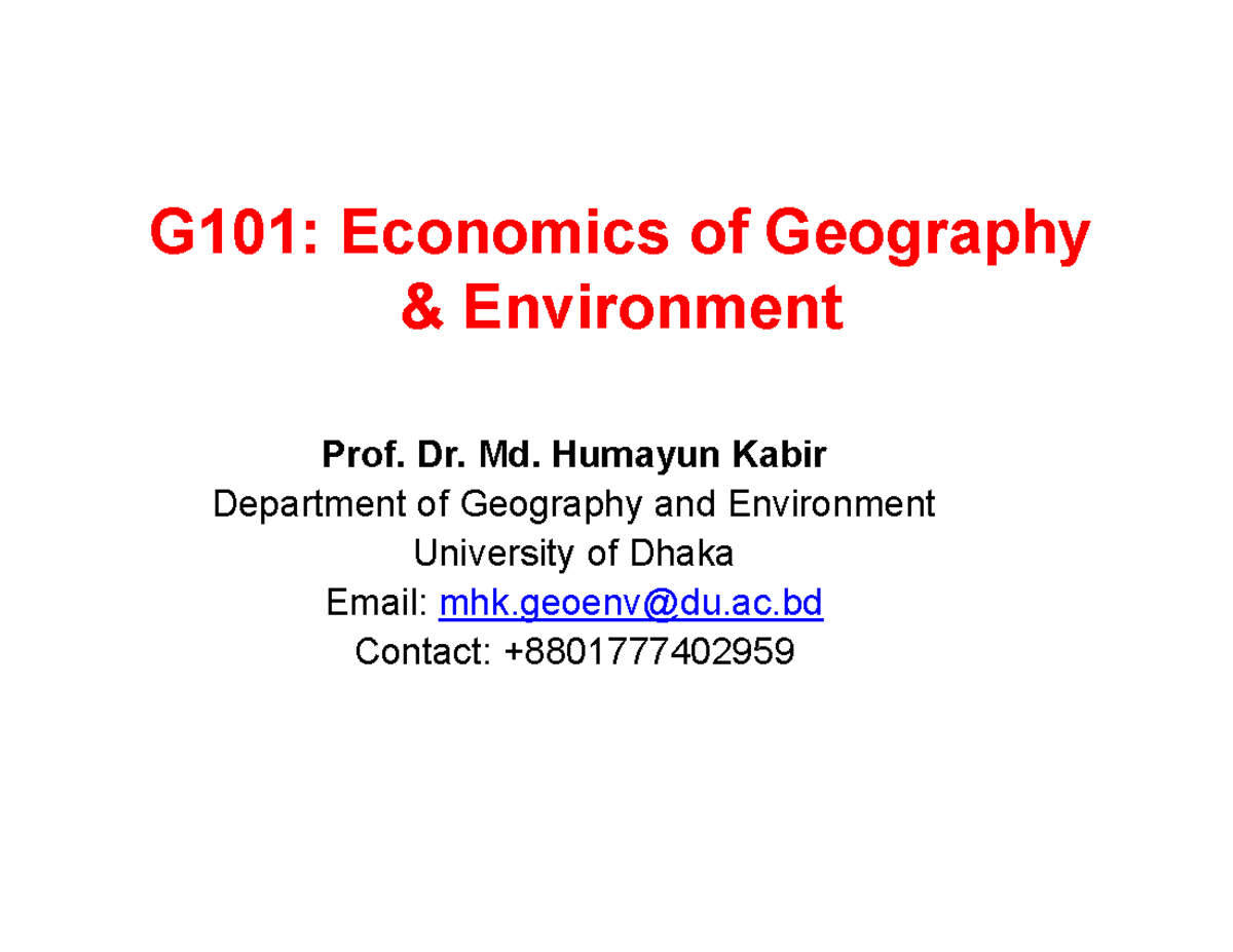 G101: Course Outline on Economics of Geography & Environment - Studocu