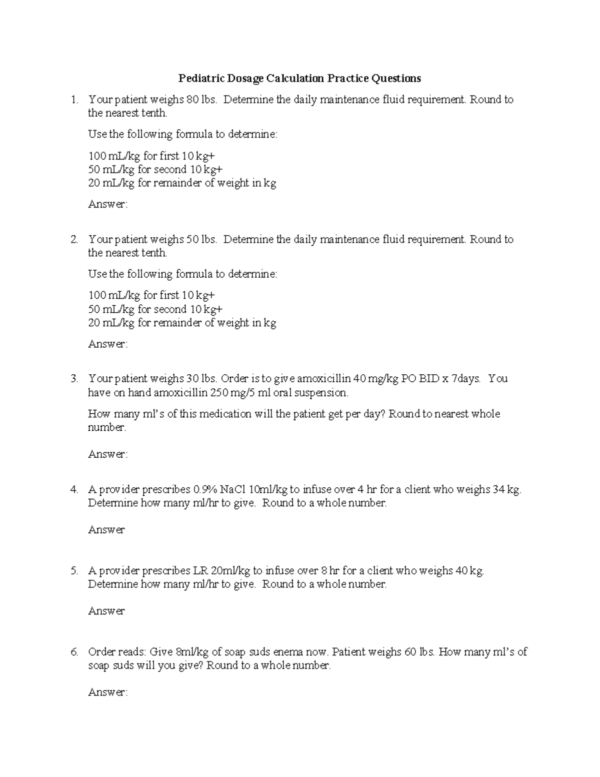 Pediatric Dosage Calculation Practice Questions (NUR 101) - Studocu