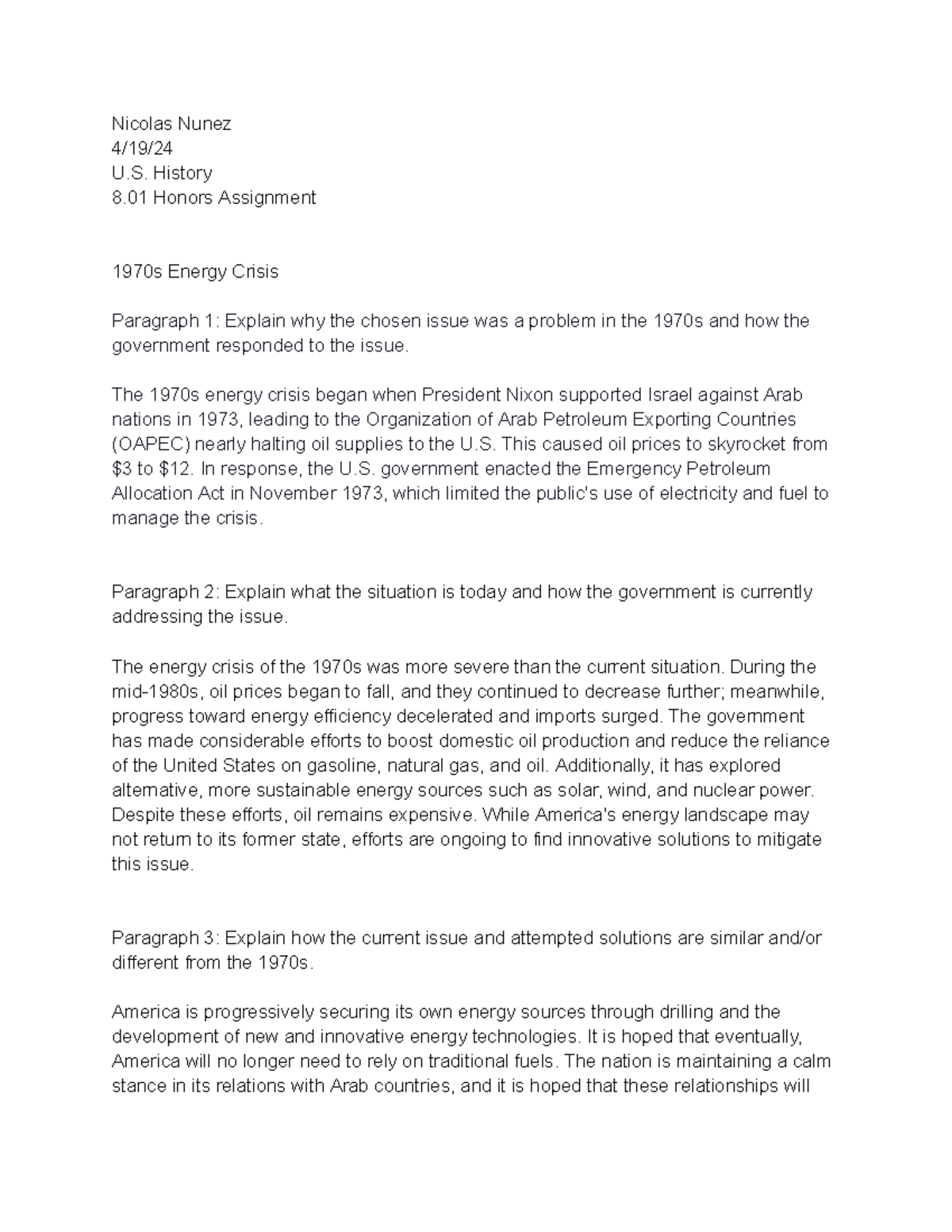 U.S. History 8.01 Honors Assignment: Analyzing the 1970s Energy Crisis ...