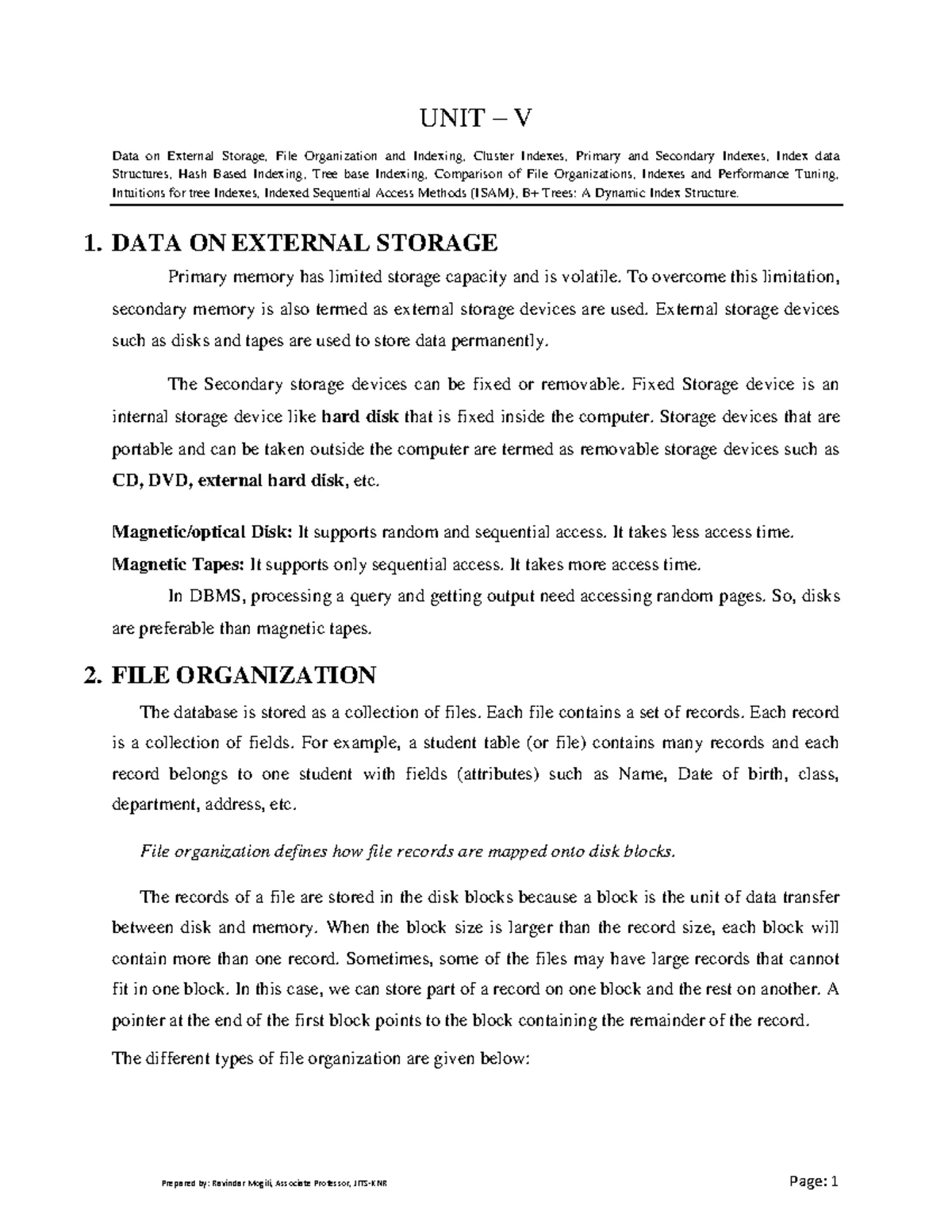 DBMS R18 UNIT 5 notes - UNIT – V Data on External Storage, File ...