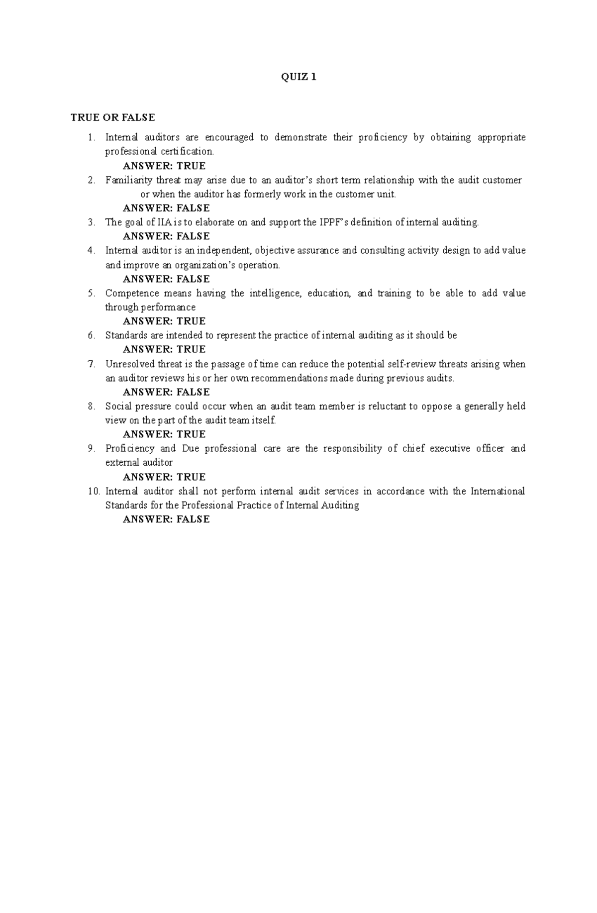 Quiz 1 - Operation Auditing: True/False & Identification Questions ...