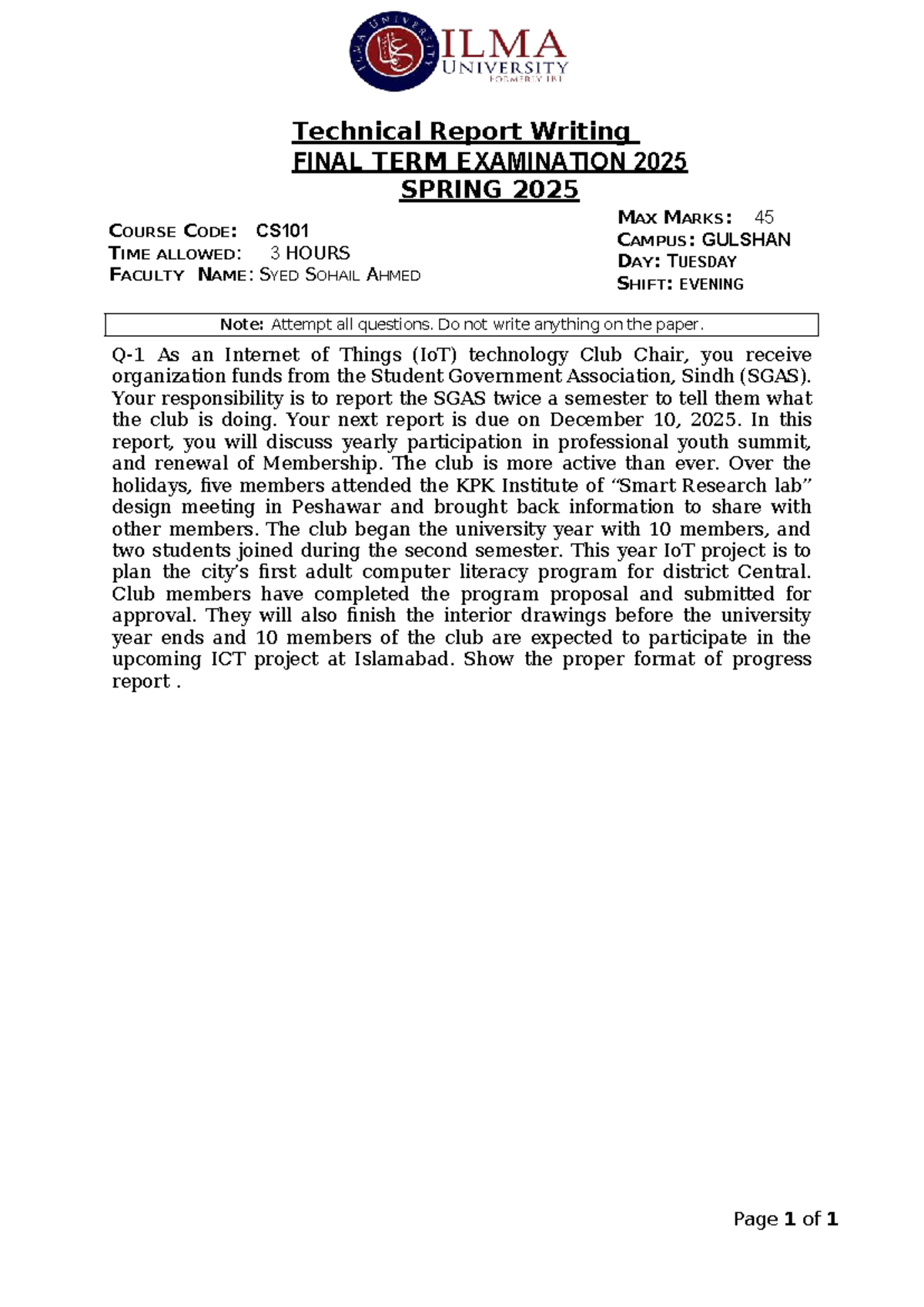 Technical Report Writing FINAL TERM EXAM CS101 - Spring 2025 - Studocu
