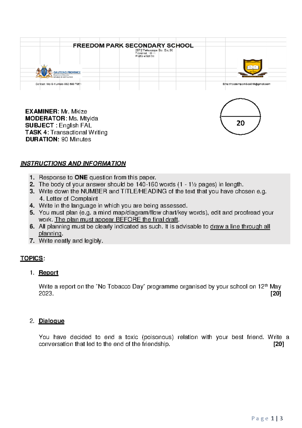 GRD 9 ENG TASK 4: Transactional Writing Instructions & Topics Guide ...