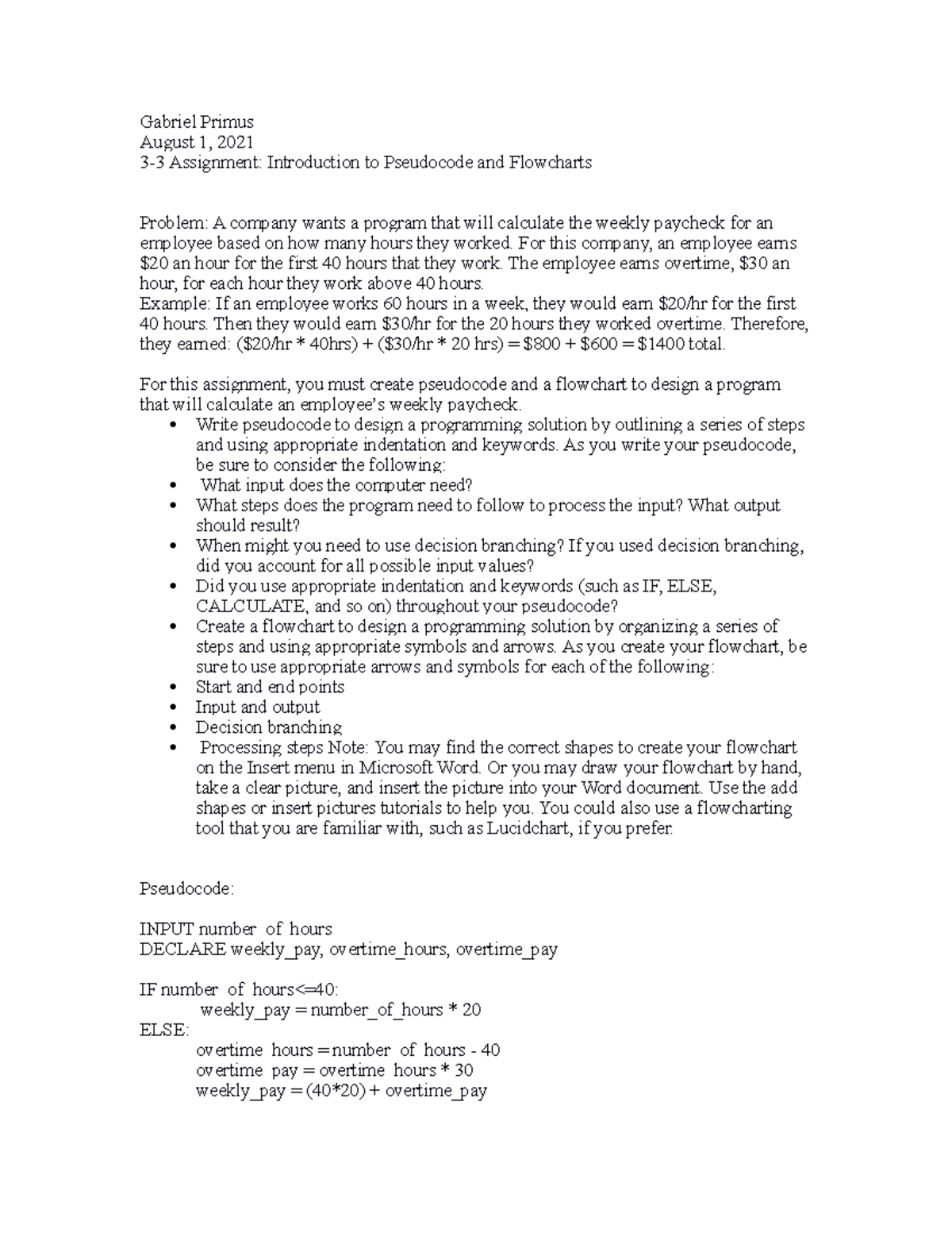 IT-140-J6166 Assignment: Pseudocode & Flowchart for Pay Calculation ...
