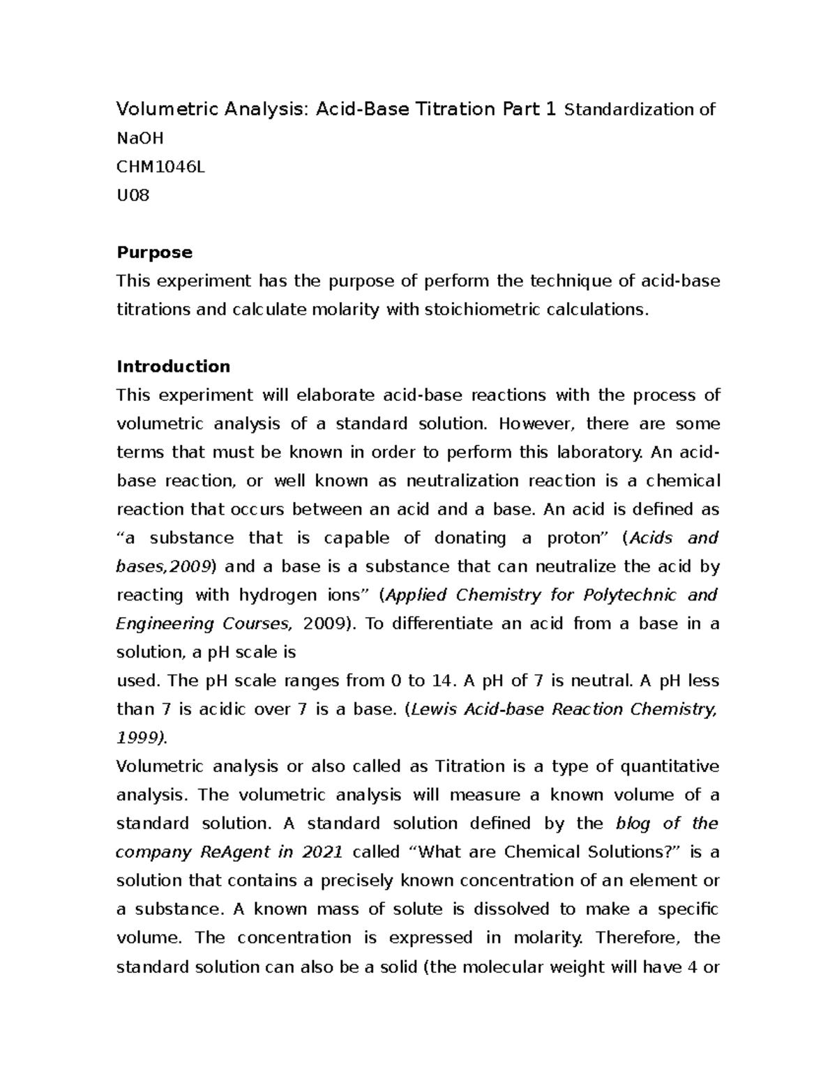 Lab Report: Acid-Base Titration Techniques CHM1046L - Studocu