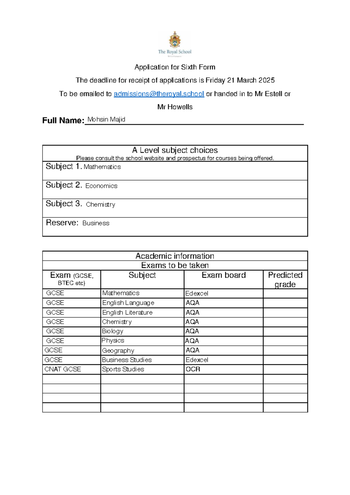Internal Application Form for Sixth Form 2025 Admission - Studocu