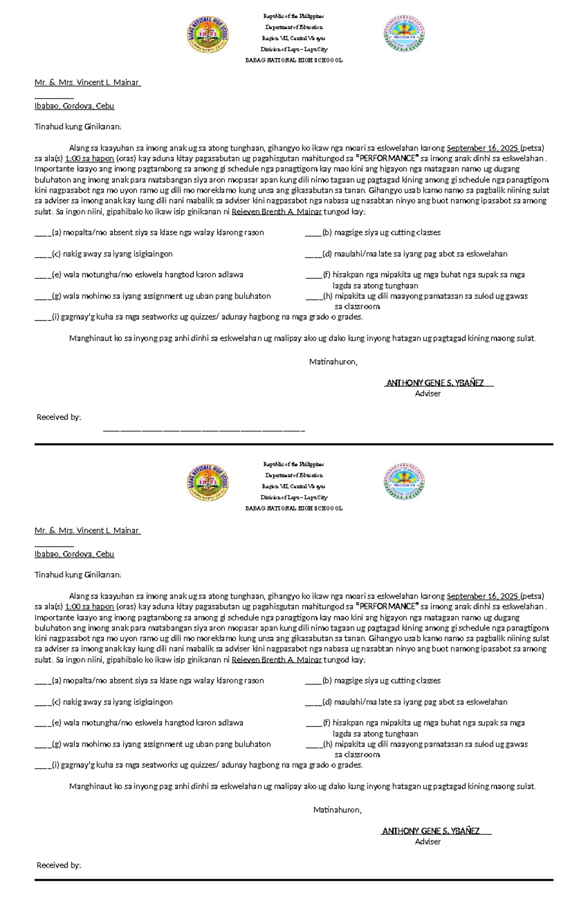 BABAG NATIONAL HIGH SCHOOL CALL UP SLIP FOR PARENTS - GUIDANCE FORM 1 ...