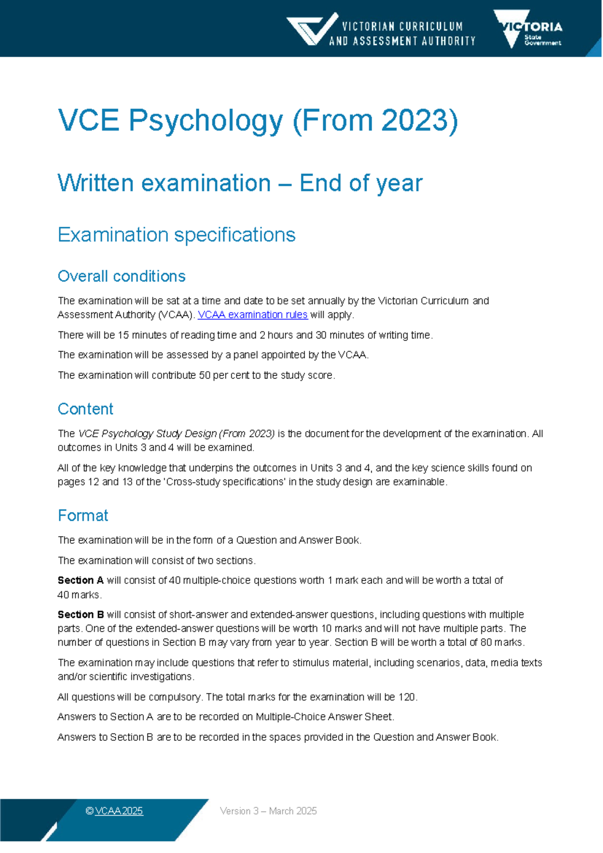 VCE Psychology Exam Specifications (2023) - End of Year Guide - Studocu