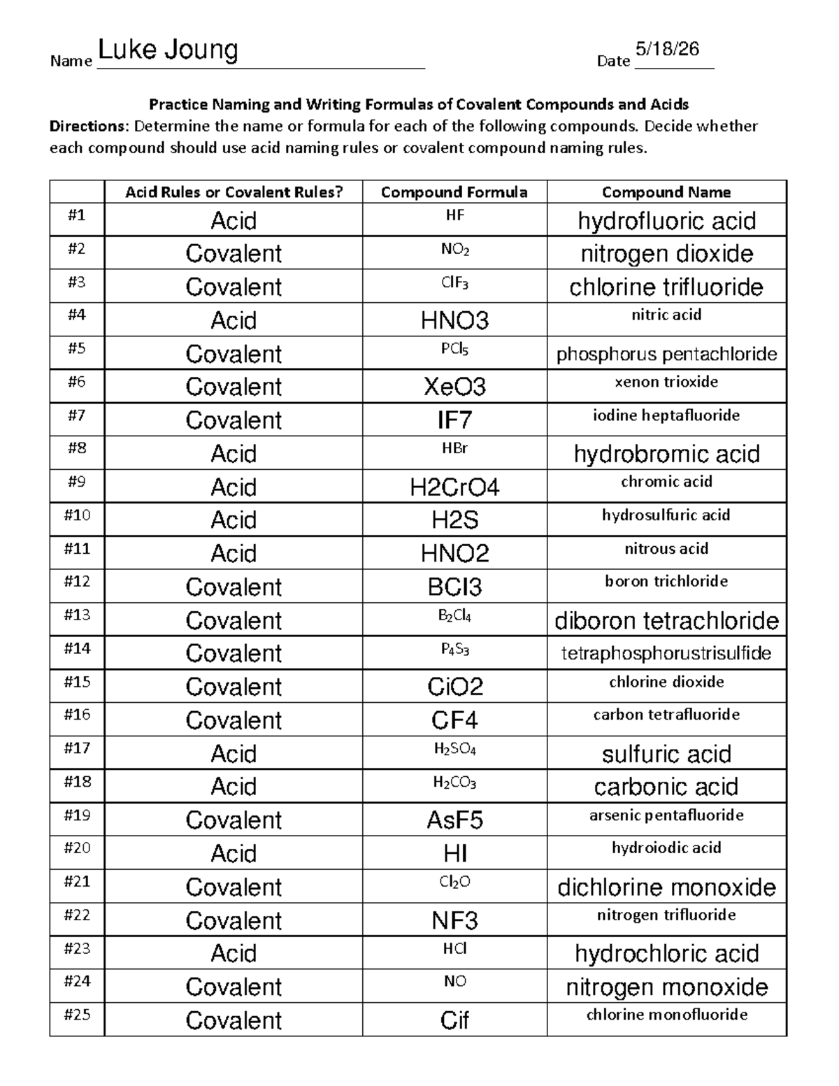 Covalent & Acid Naming Practice: Formulas & Rules - Studocu