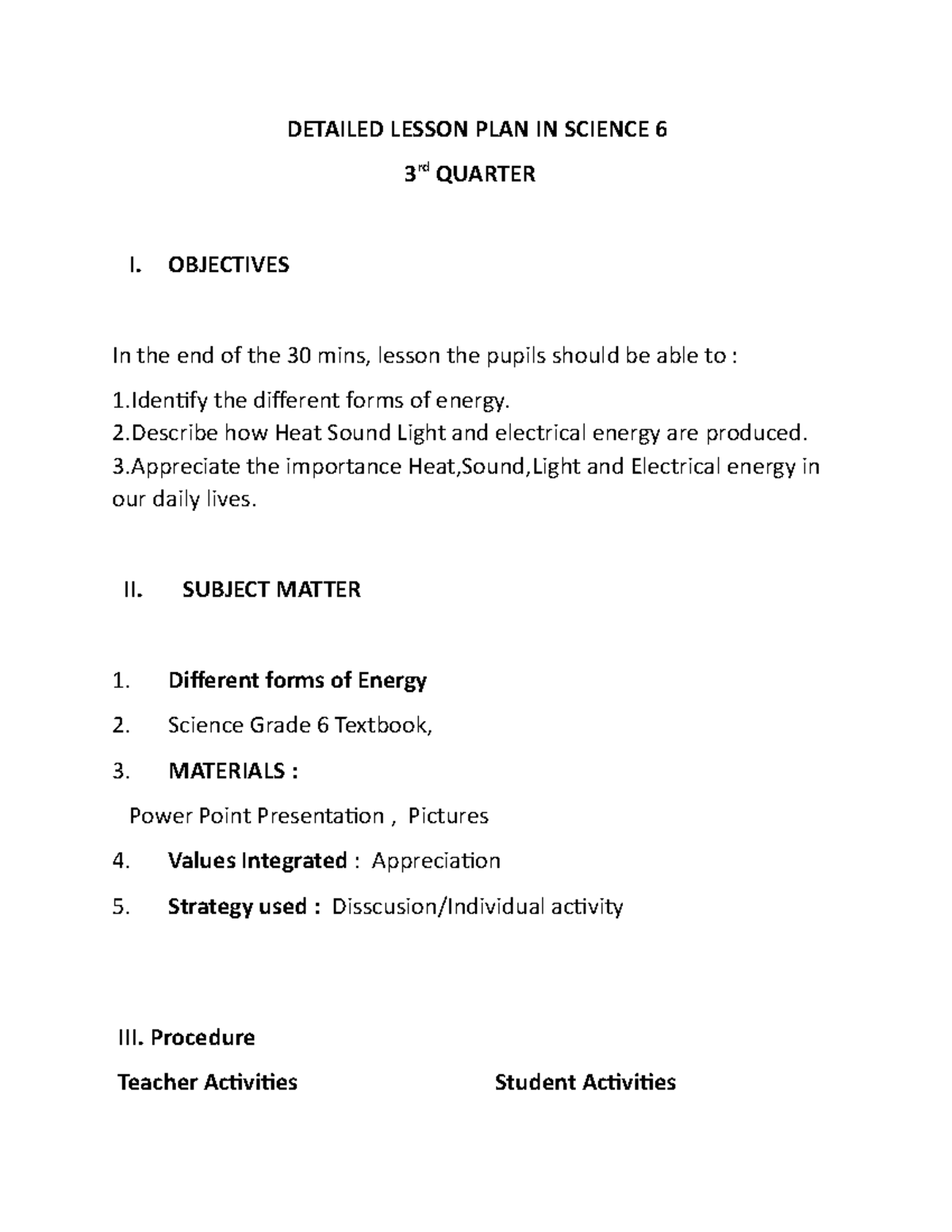 Detailed Lesson Plan: Forms of Energy in Science 6 - Studocu