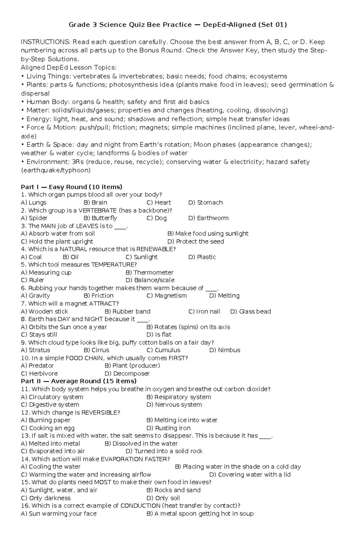 Grade 3 Science Quiz Bee Practice (Set 01) - Comprehensive Review - Studocu