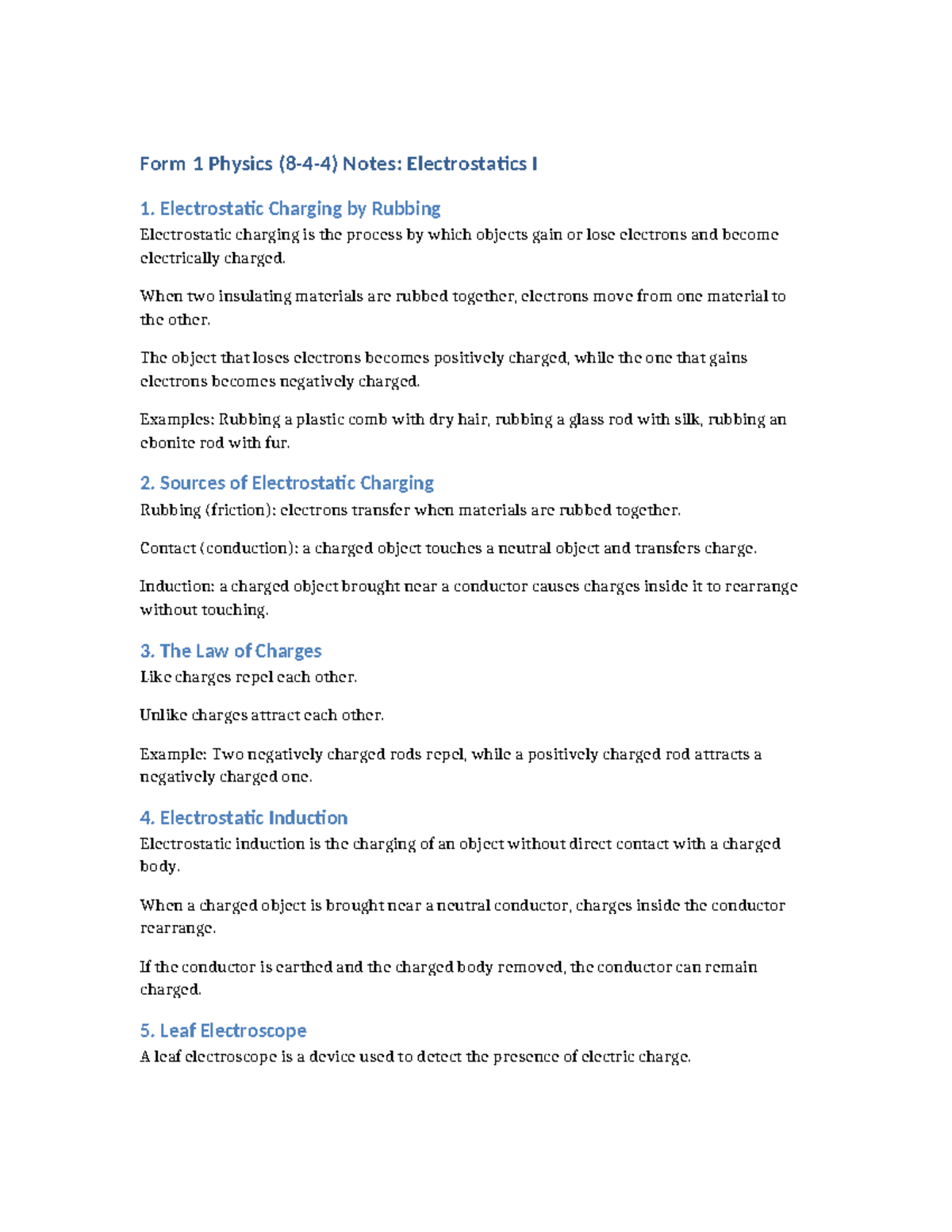 Form 1 Physics Notes: Electrostatics Overview and Key Concepts - Studocu