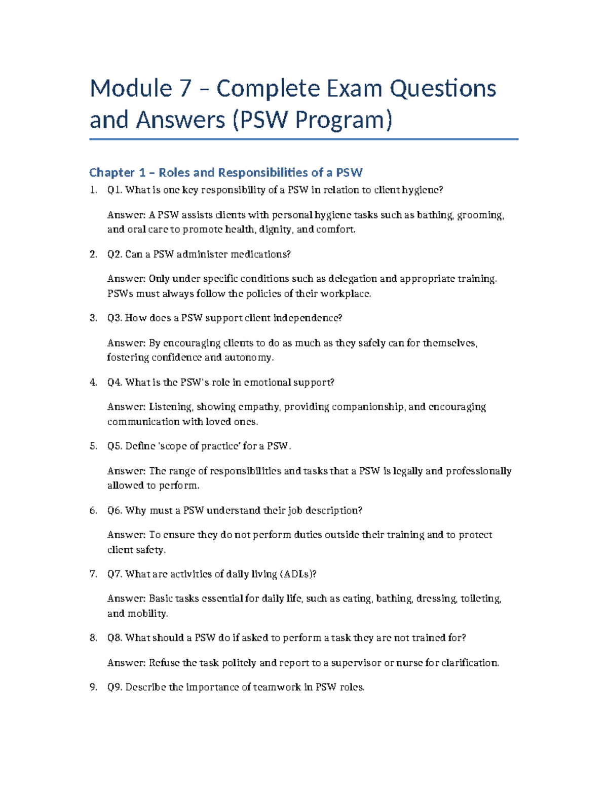 PSW Program Module 7 Complete Exam Q&A: Roles & Responsibilities - Studocu